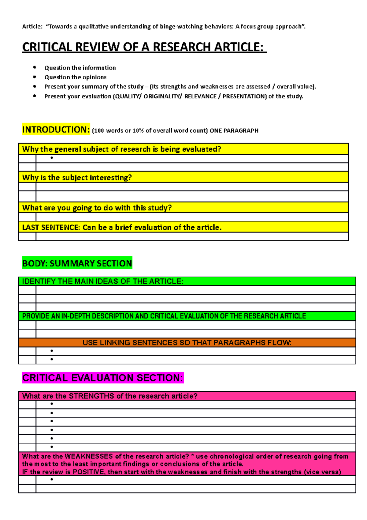 Critical Review of Research Article - Assignment breakdown - Blank ...