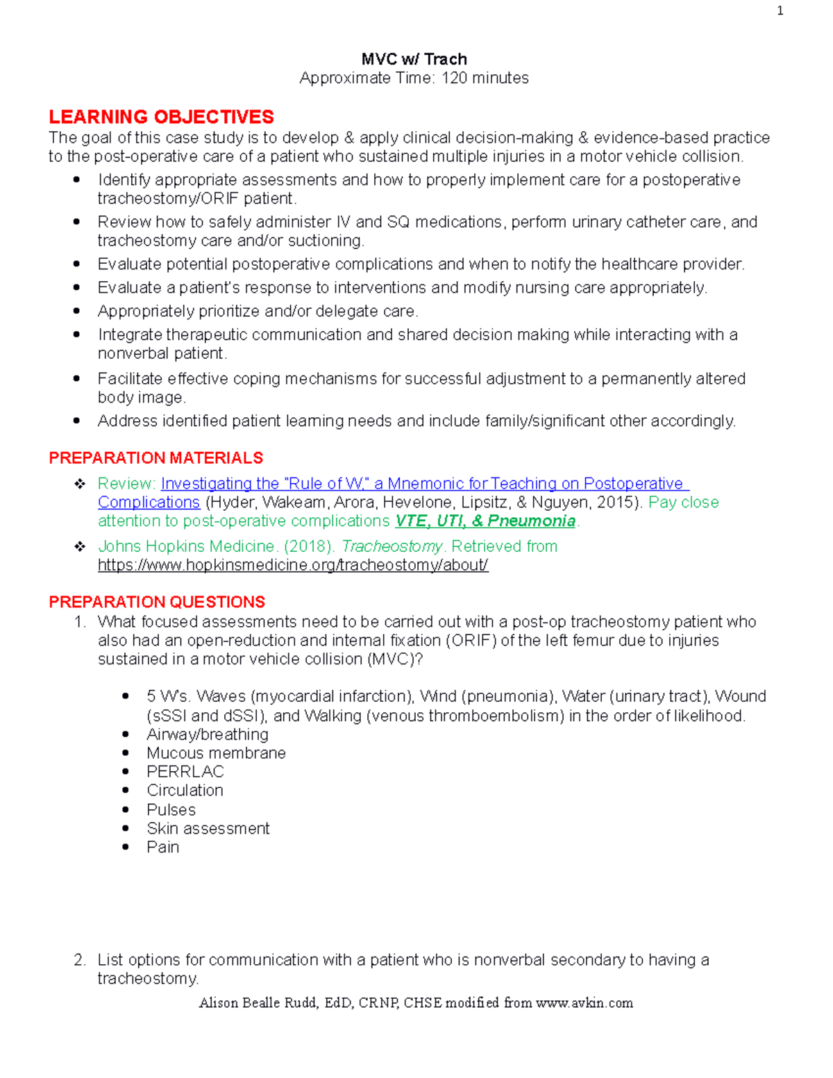 MVC-Trach Student - Case Study - MVC w/ Trach Approximate Time: 120 ...