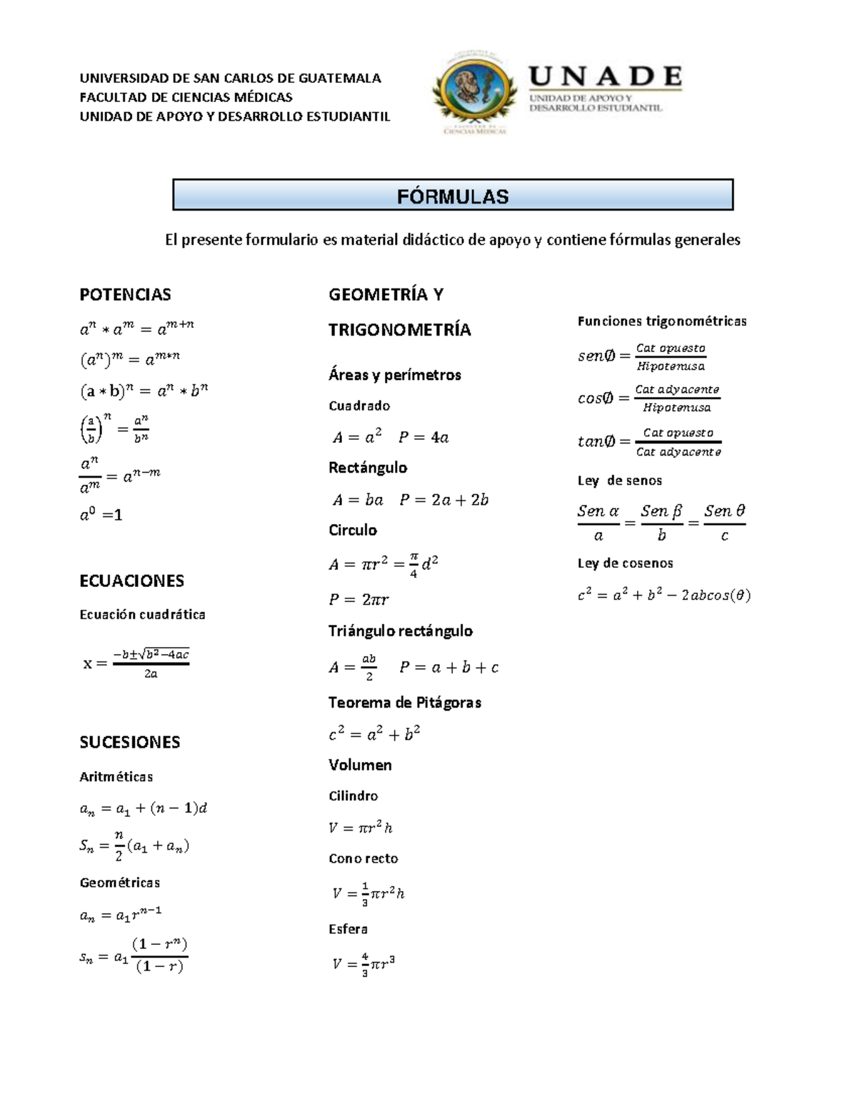 Formulas Matemáticas- para estudar formulas matematicas - UNIVERSIDAD ...