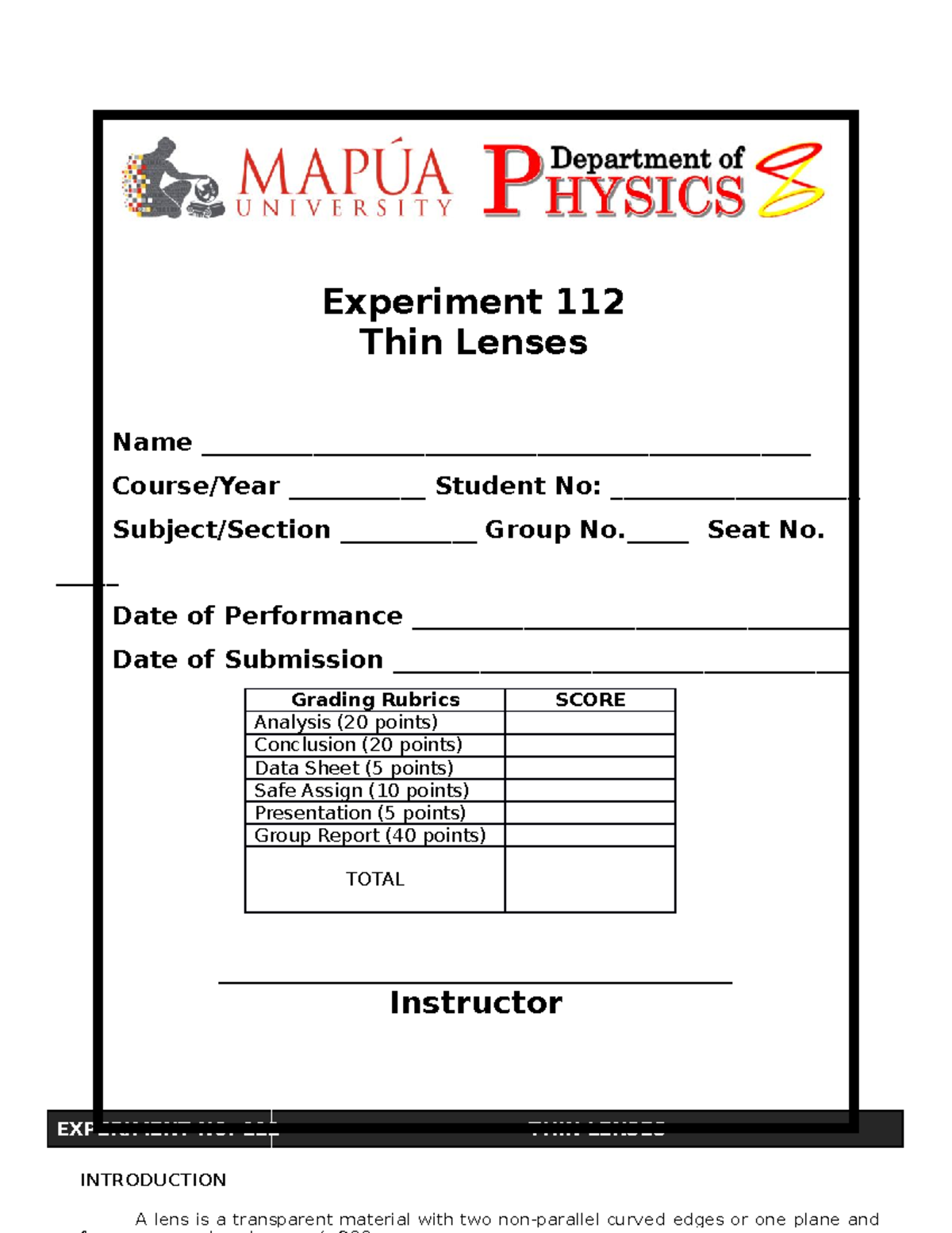 Experiment 112 Thin Lenses (F2F) - Name