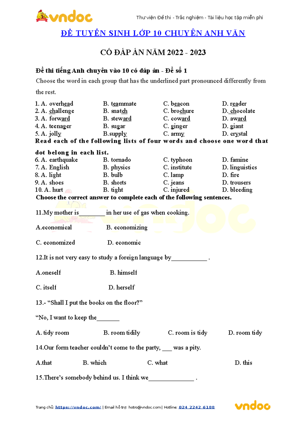 De on thi vao lop 10 chuyen tieng anh nam hoc 2021 so 1 - ĐỀ TUYỂN SINH LỚP 10 CHUYÊN ANH VĂN CÓ ...