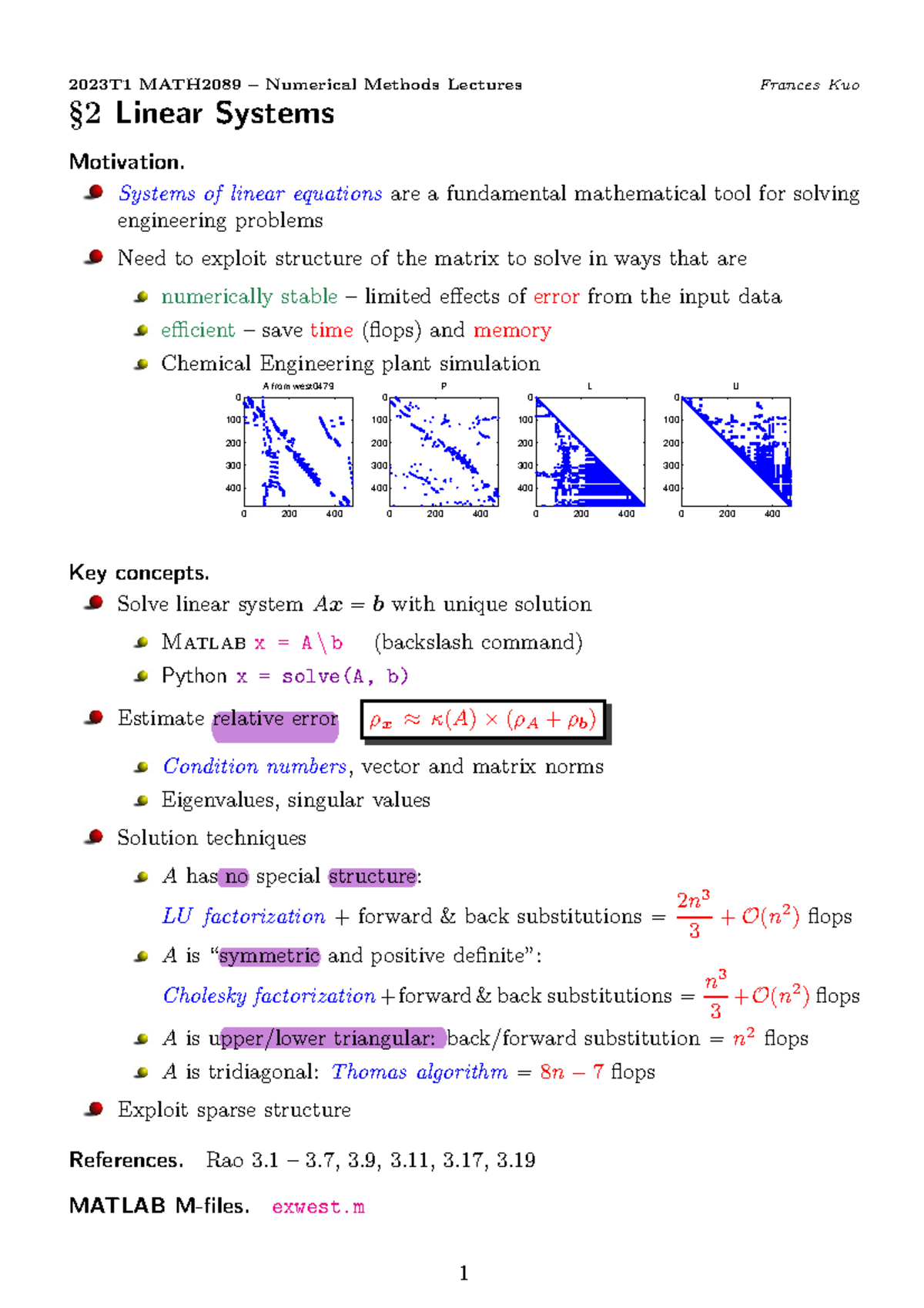 T2 Numerical, Linear Systems - 2023T1 MATH2089 – Numerical Methods Lectures Frances Kuo § 2 ...