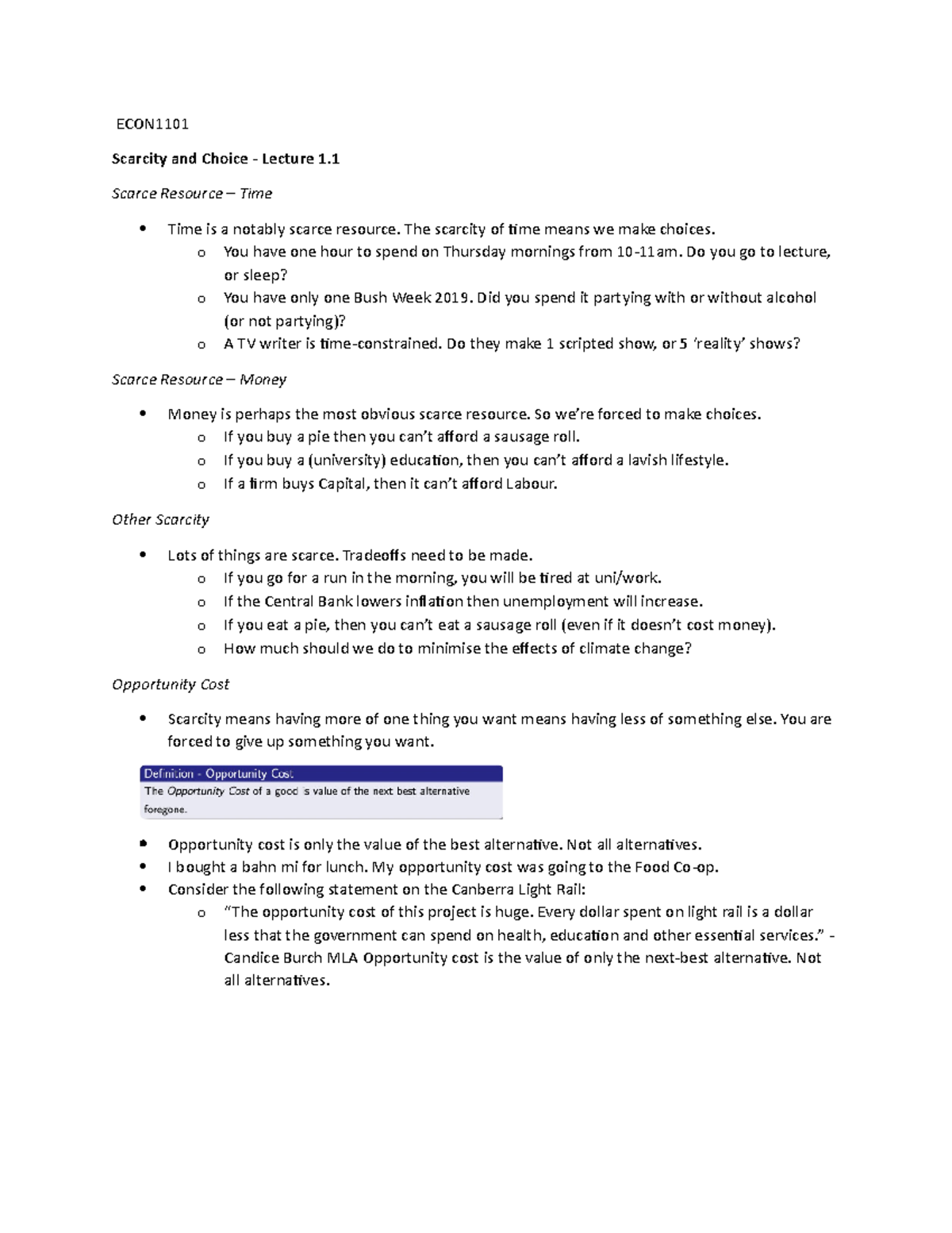 ECON1101 Final Notes - ECON Scarcity and Choice - Lecture 1. Scarce ...