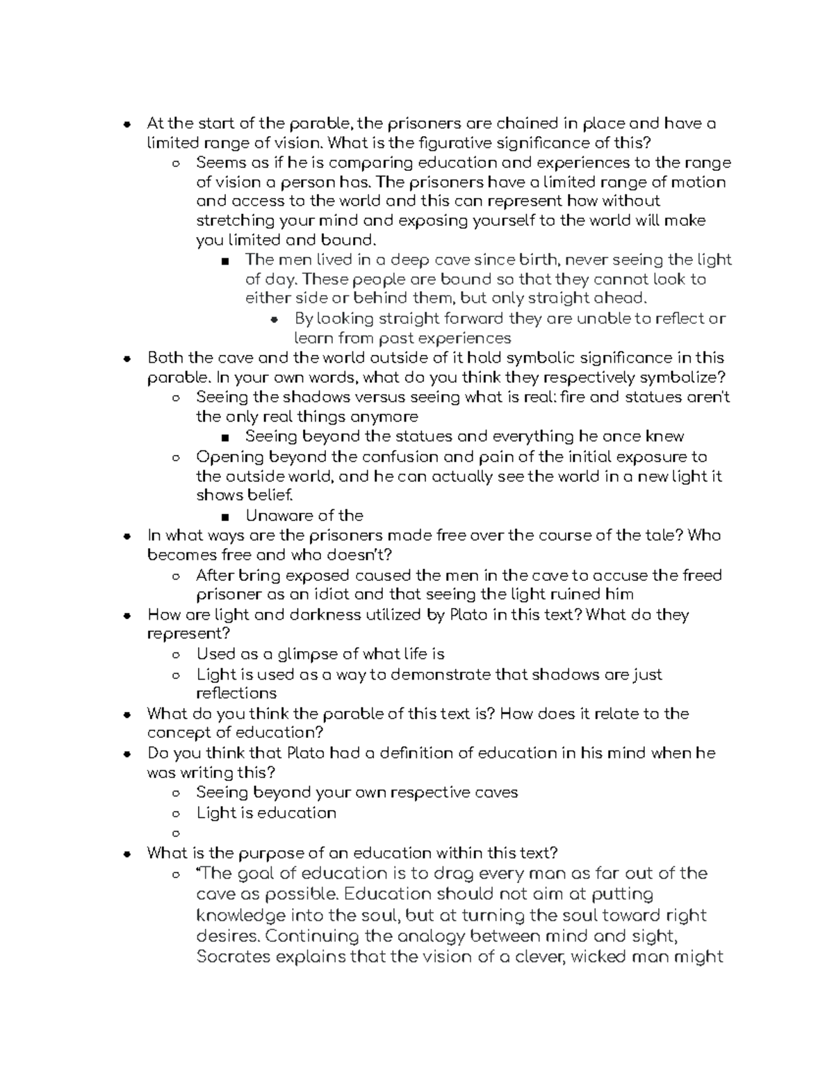 English 002 The Cave Notes - At the start of the parable, the prisoners ...