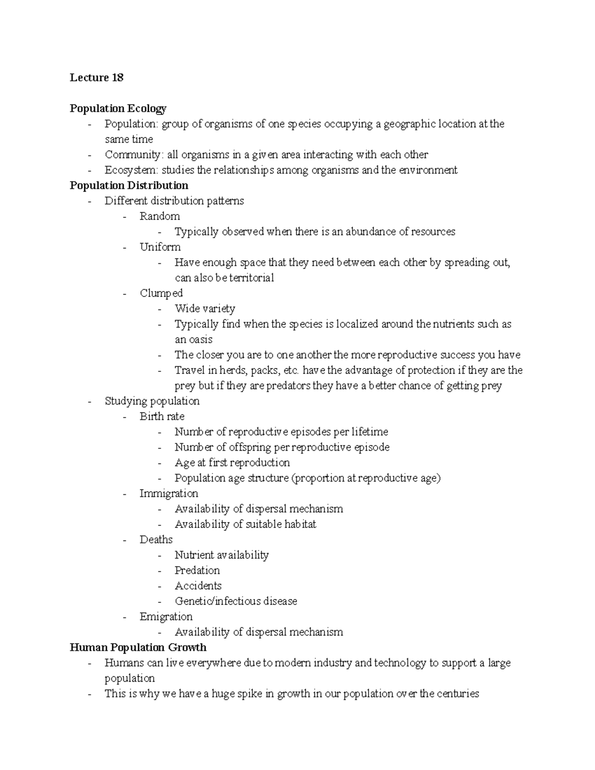 Population Ecology - Lecture notes 18 - Lecture 18 Population Ecology ...