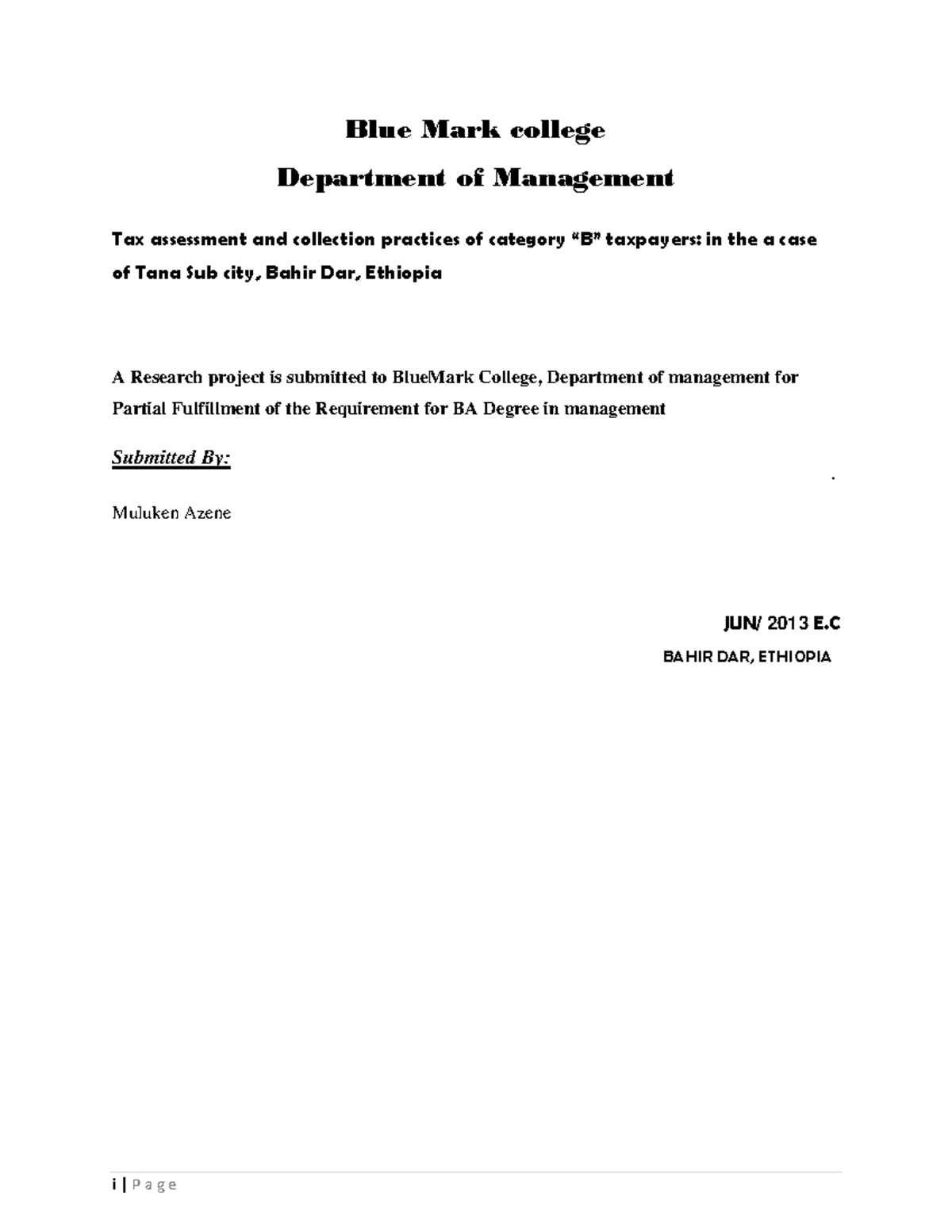 Mgmt research - Blue Mark college Department of Management Tax ...