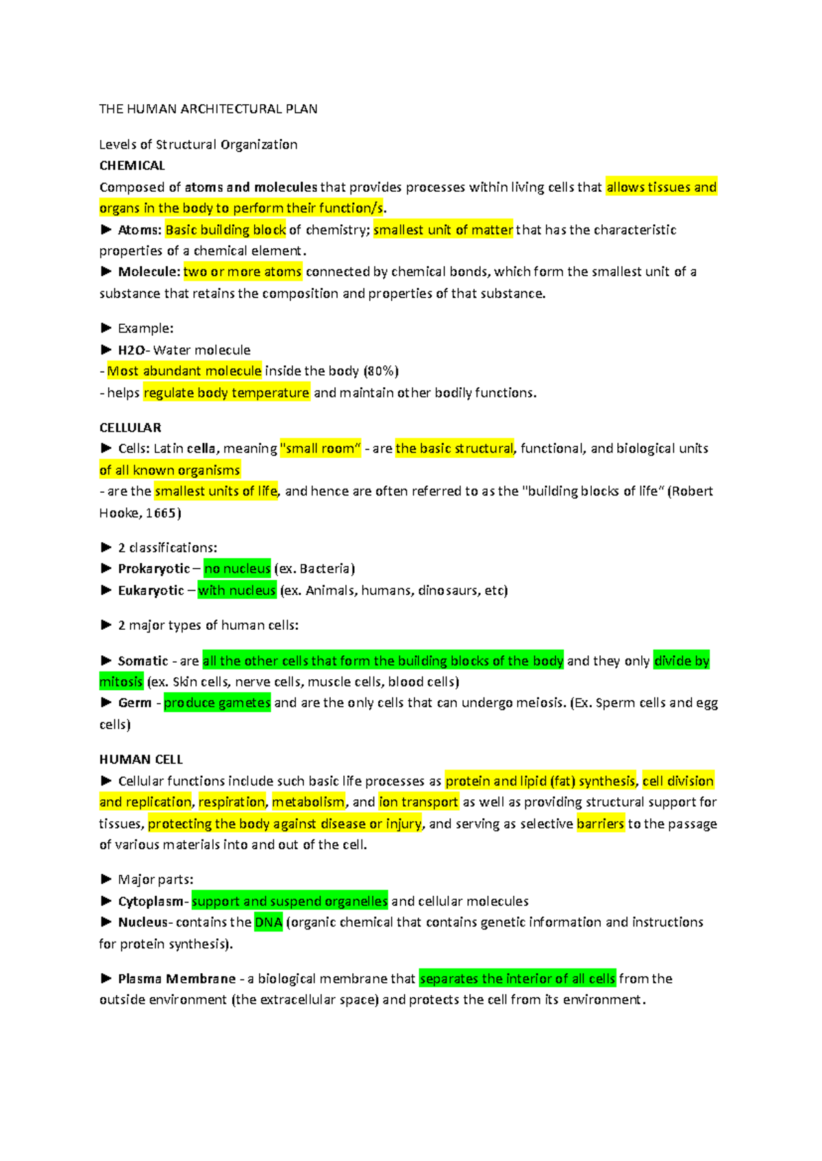 Anaphy Prelim - THE HUMAN ARCHITECTURAL PLAN Levels of Structural ...
