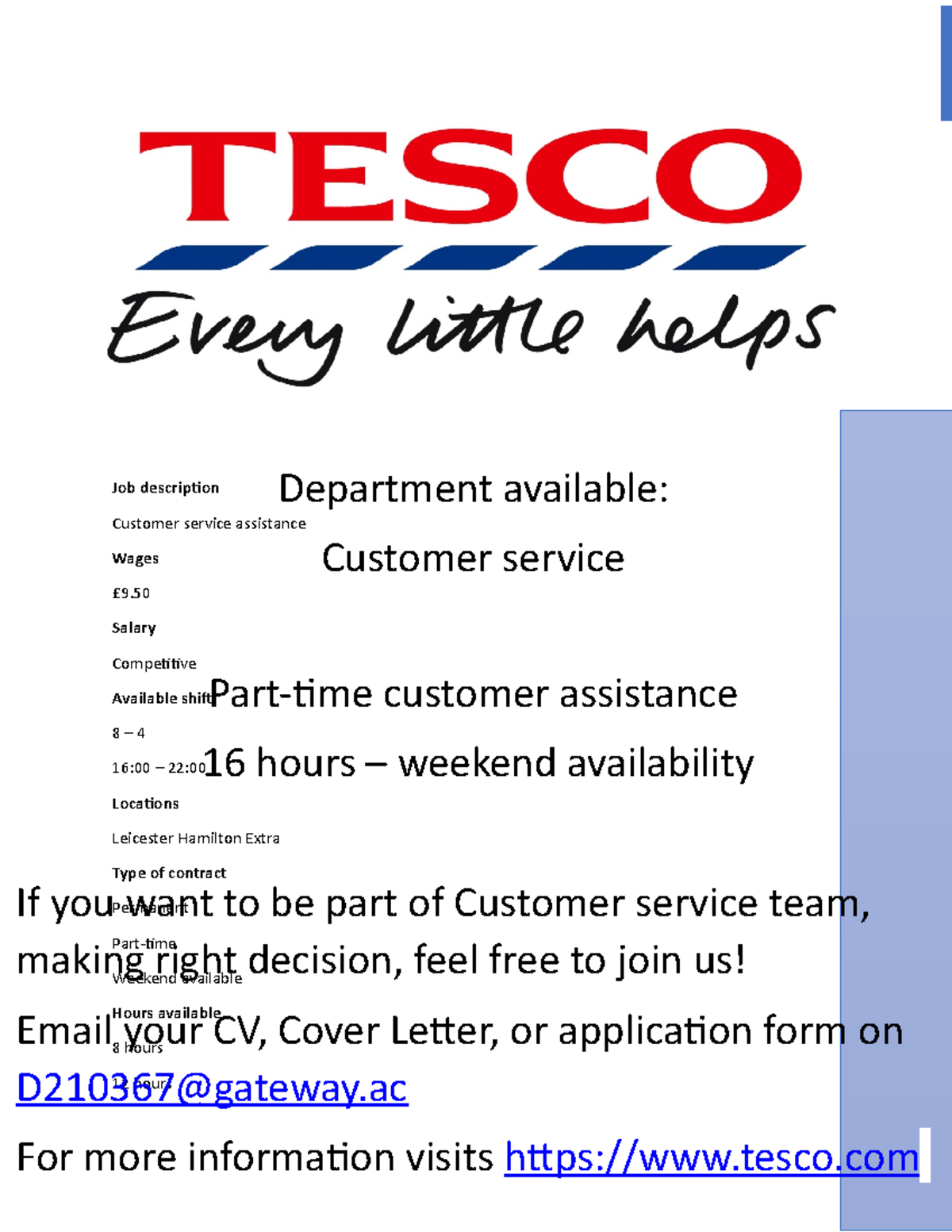 Job advert please do not copy - Job description Customer service ...
