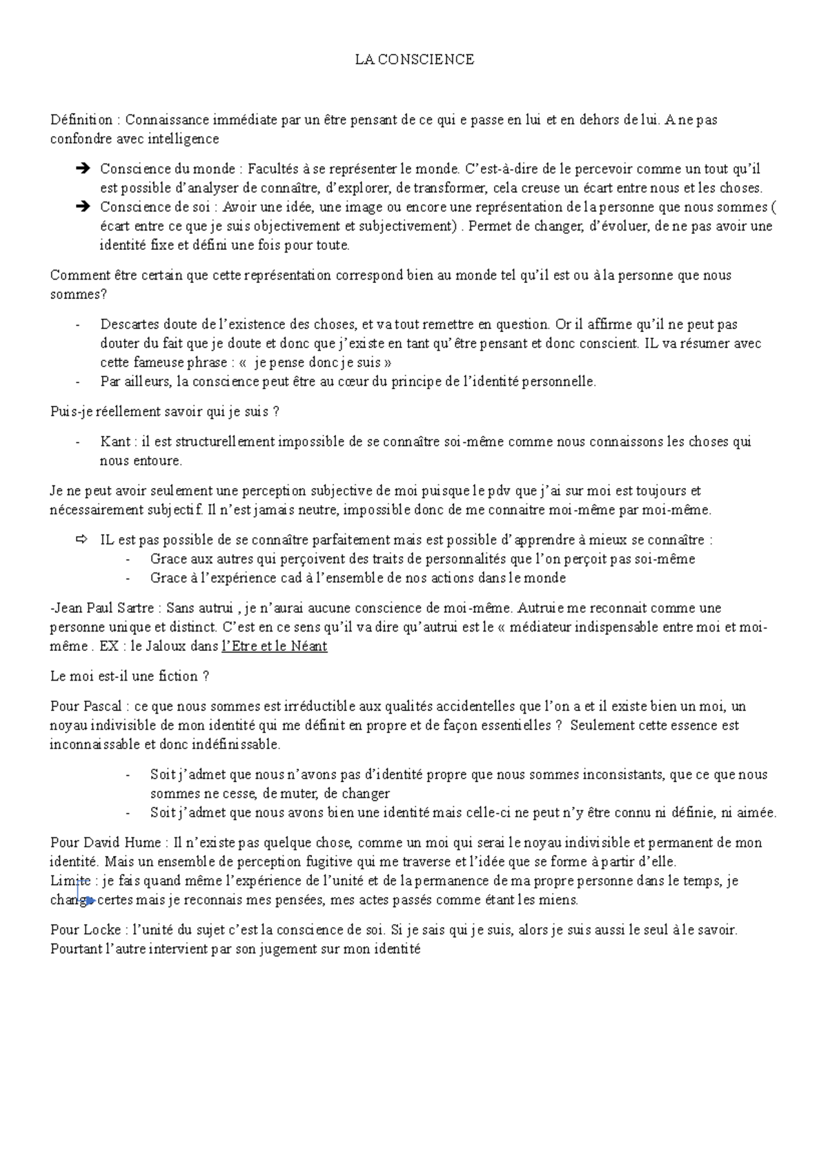 LA Conscience - cours - LA CONSCIENCE Définition : Connaissance ...