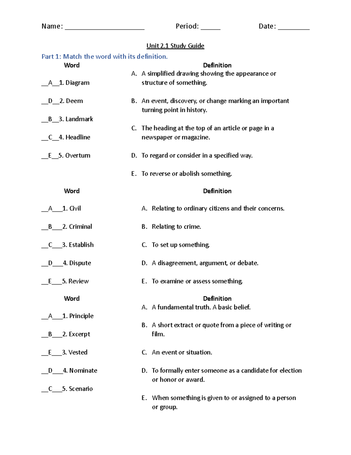 Study Guide - Name: ____________________ Period: _____ Date ...