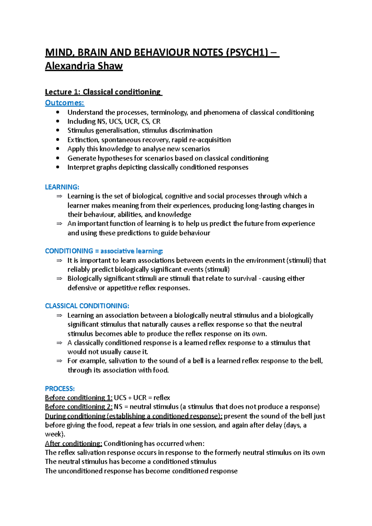MIND brain behaviour notes - MIND, BRAIN AND BEHAVIOUR NOTES (PSYCH1 ...
