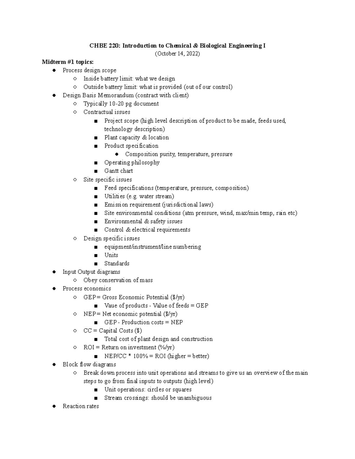 CHBE 220_ Midterm #1 Topics - CHBE 220: Introduction to Chemical ...