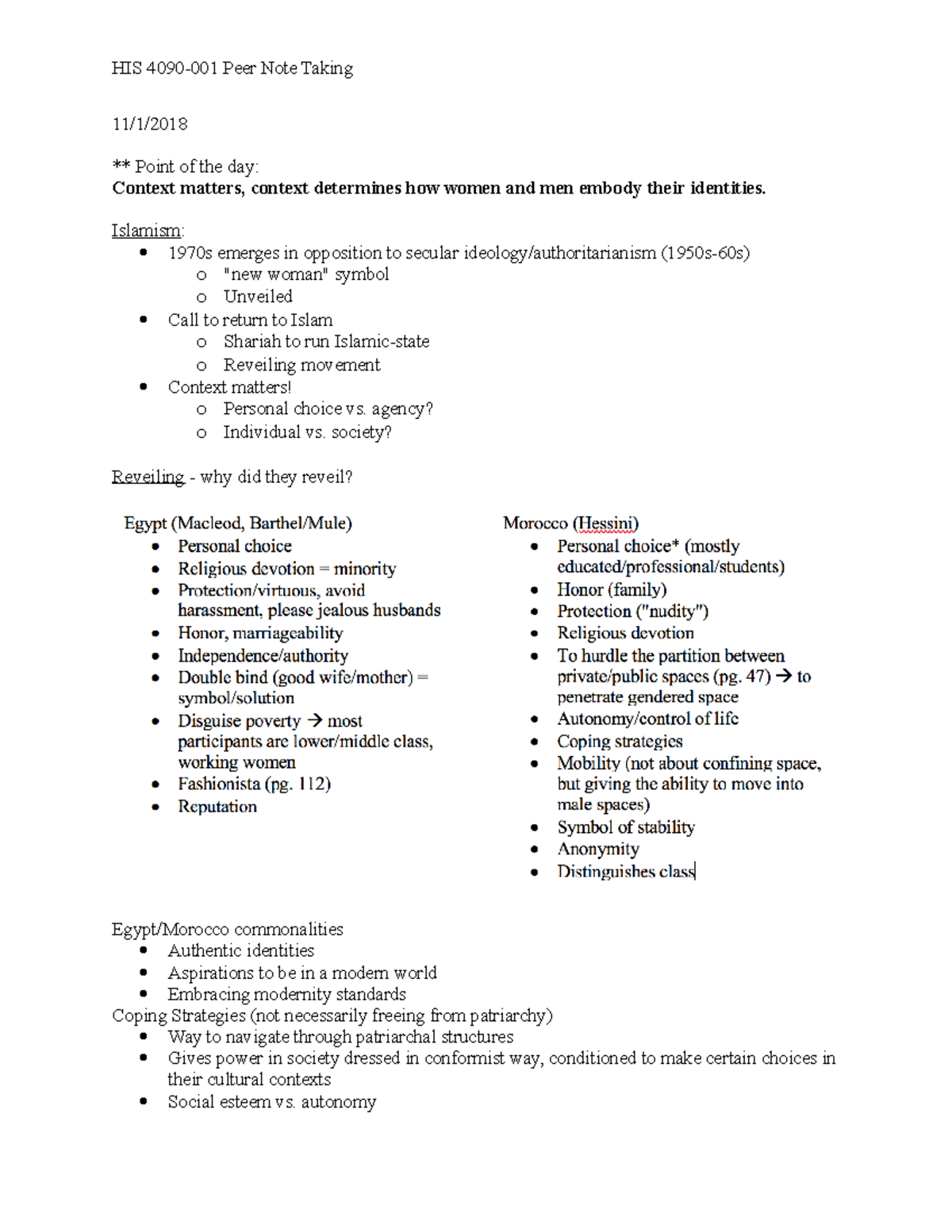 11:1:2018 lecture notes - HIS 4090-001 Peer Note Taking 11/1/ ** Point ...
