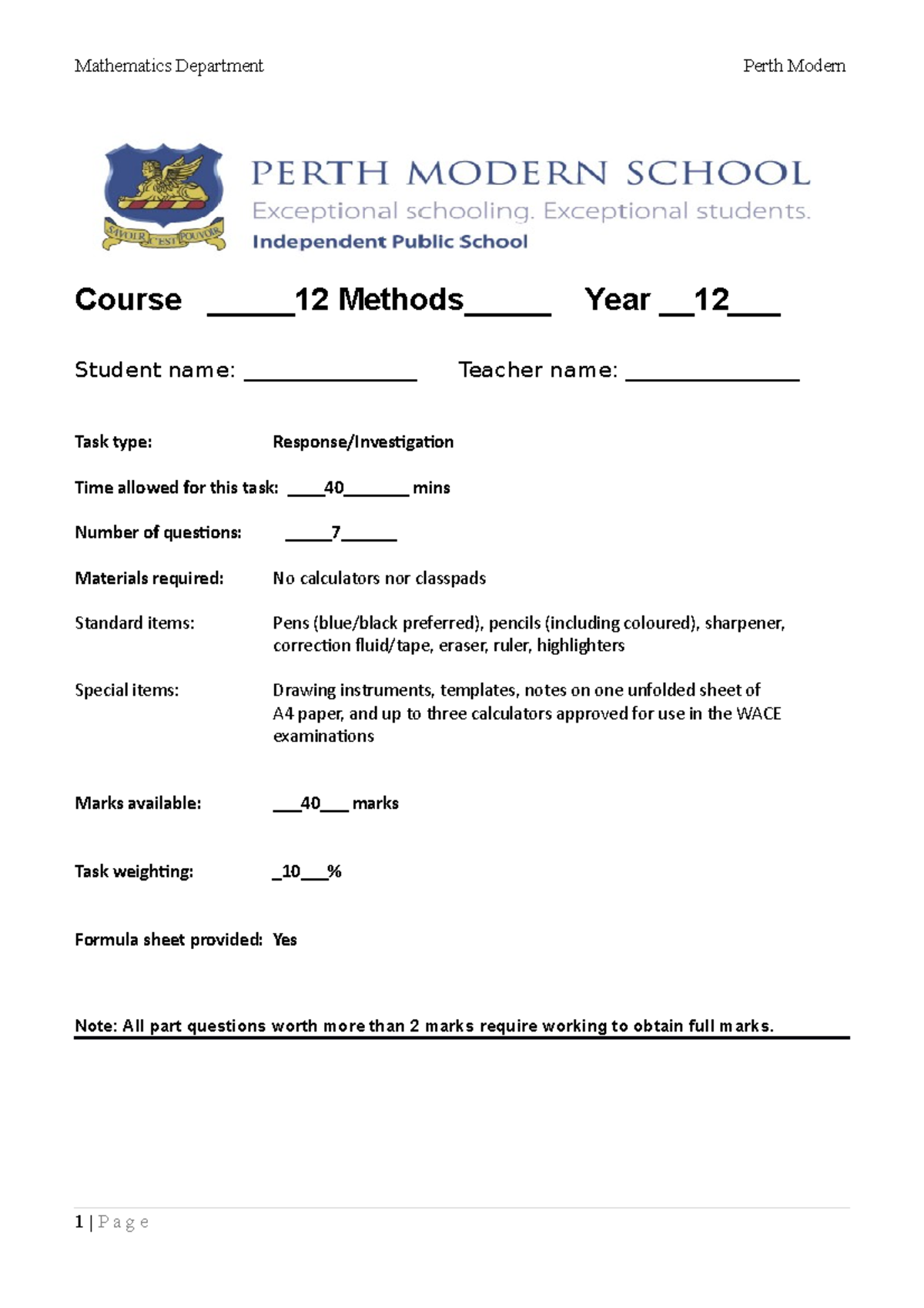 12 Methods Test 1 2021 Marking KEY - Course 12 Methods Year 12_ Student ...