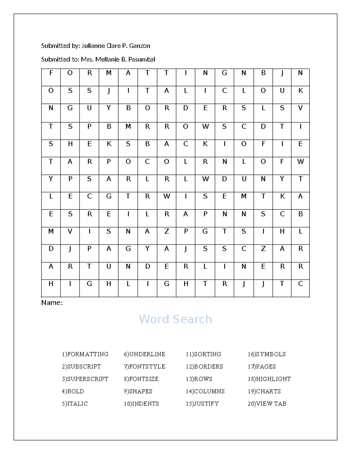 ICT (WORD Search) - Submitted by: Julianne Clare P. Ganzon Submitted to ...