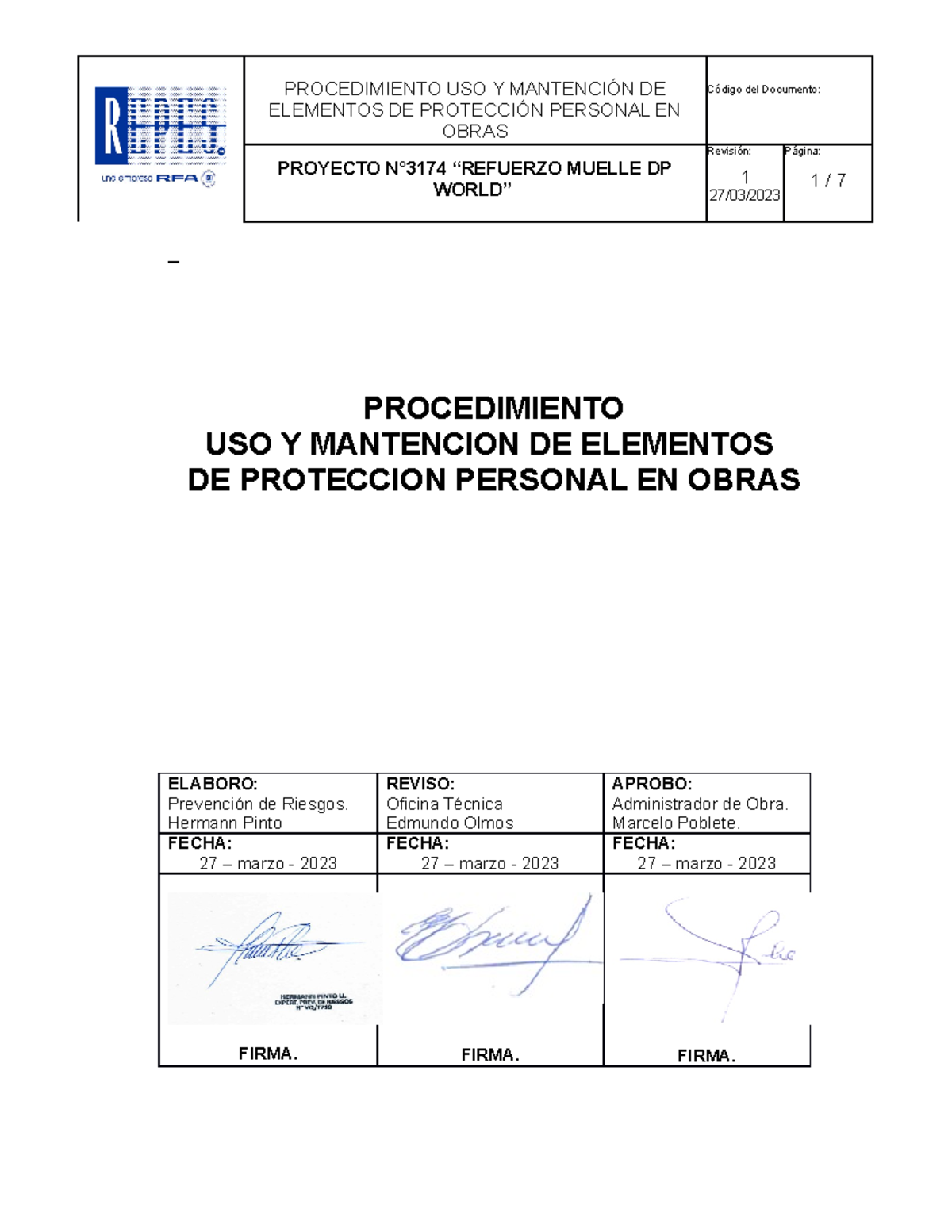 3174-MEPP-01 Procedimiento USO Y Mantencion DE EPP EN Obras, Repes Ltda - PROCEDIMIENTO USO Y ...