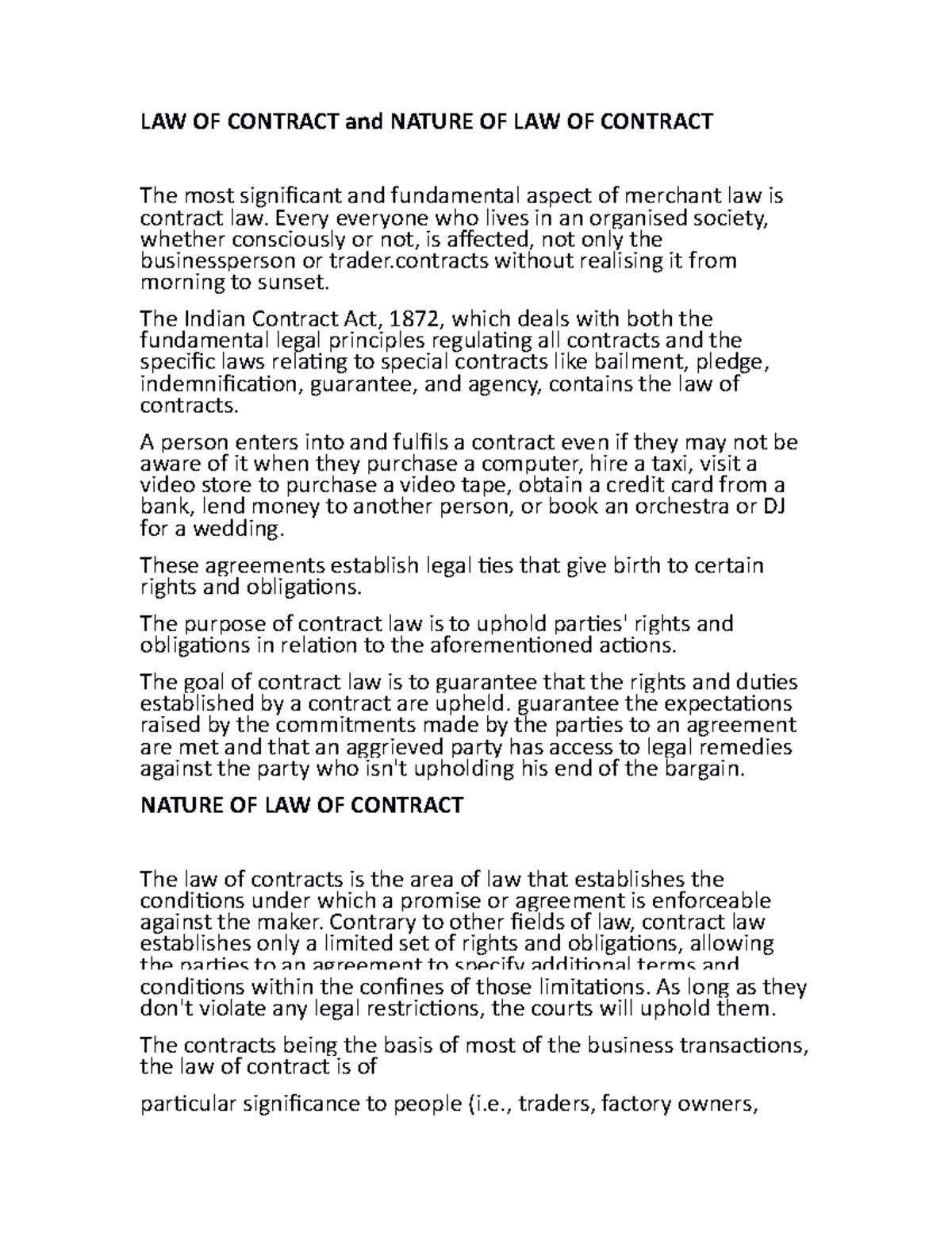 LAW OF Contract and Nature OF LAW OF Contract notes - LAW OF CONTRACT ...