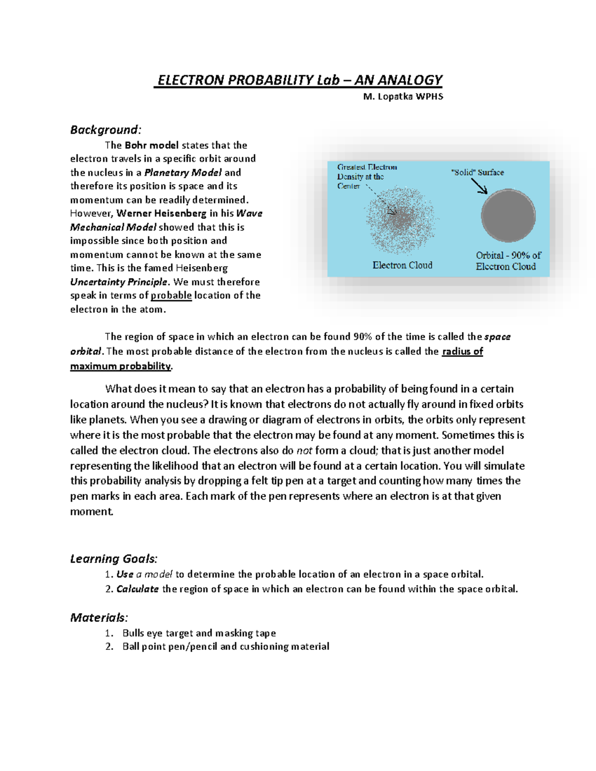 Electron Probability Lab 2-1 - ELECTRON PROBABILITY Lab – AN ANALOGY M ...