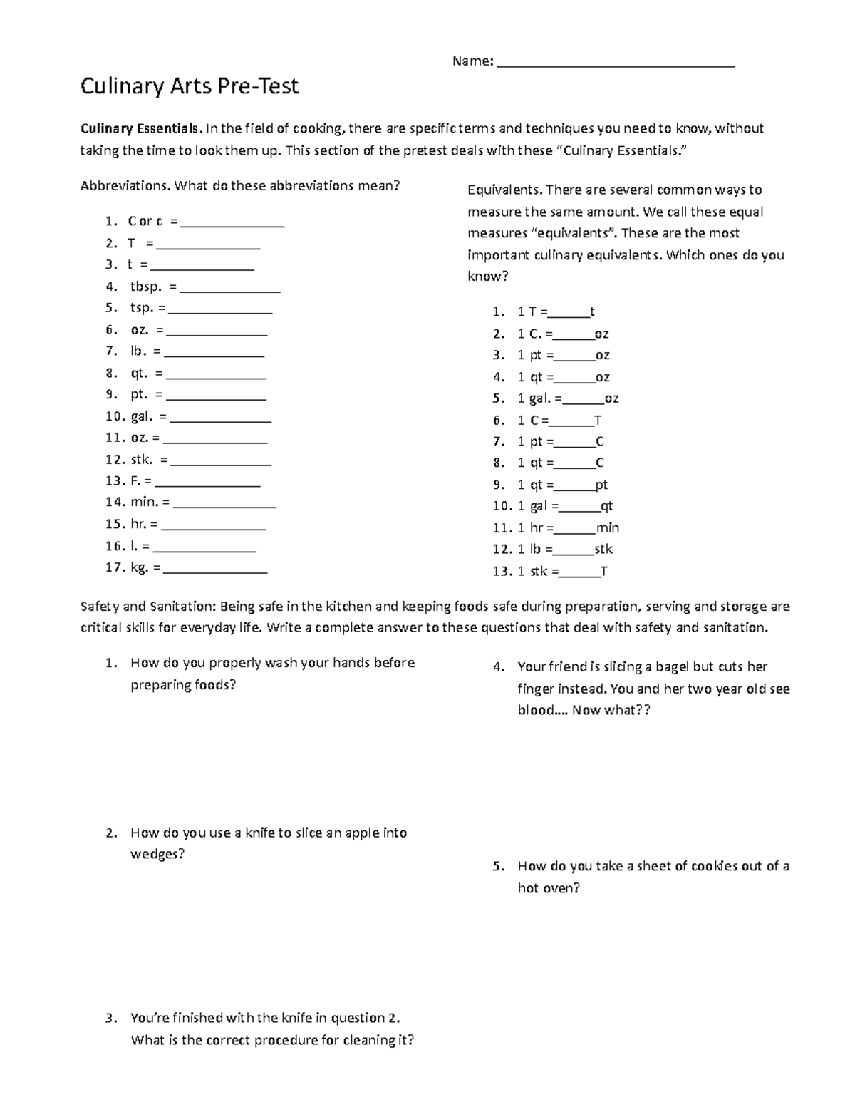 Culinary Arts Pretest 2024 - Name: Culinary Arts Pre-Test Culinary ...