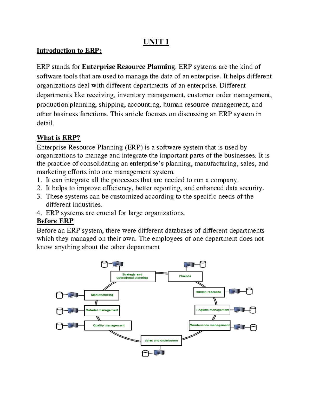 ERP UNIT 1 pdf - ERP notes - UNIT I Introduction to ERP: ERP stands for ...
