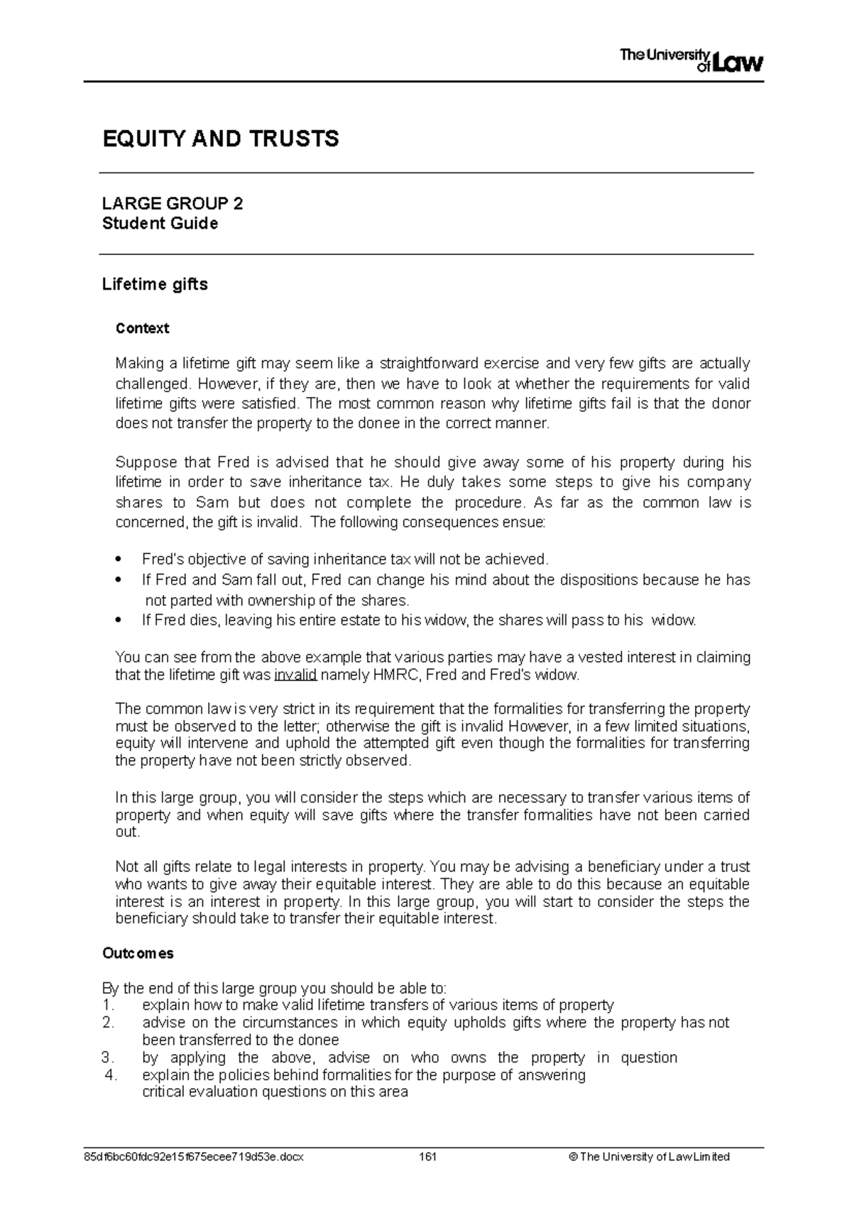 LG2 - Equity - Lecture - EQUITY AND TRUSTS LARGE GROUP 2 Student Guide Lifetime gifts Context ...