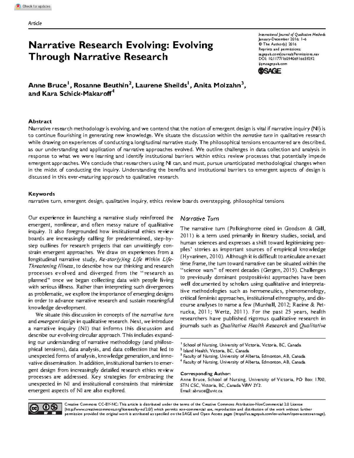 Bruce et al 2016 narrative research evolving evolving through narrative ...