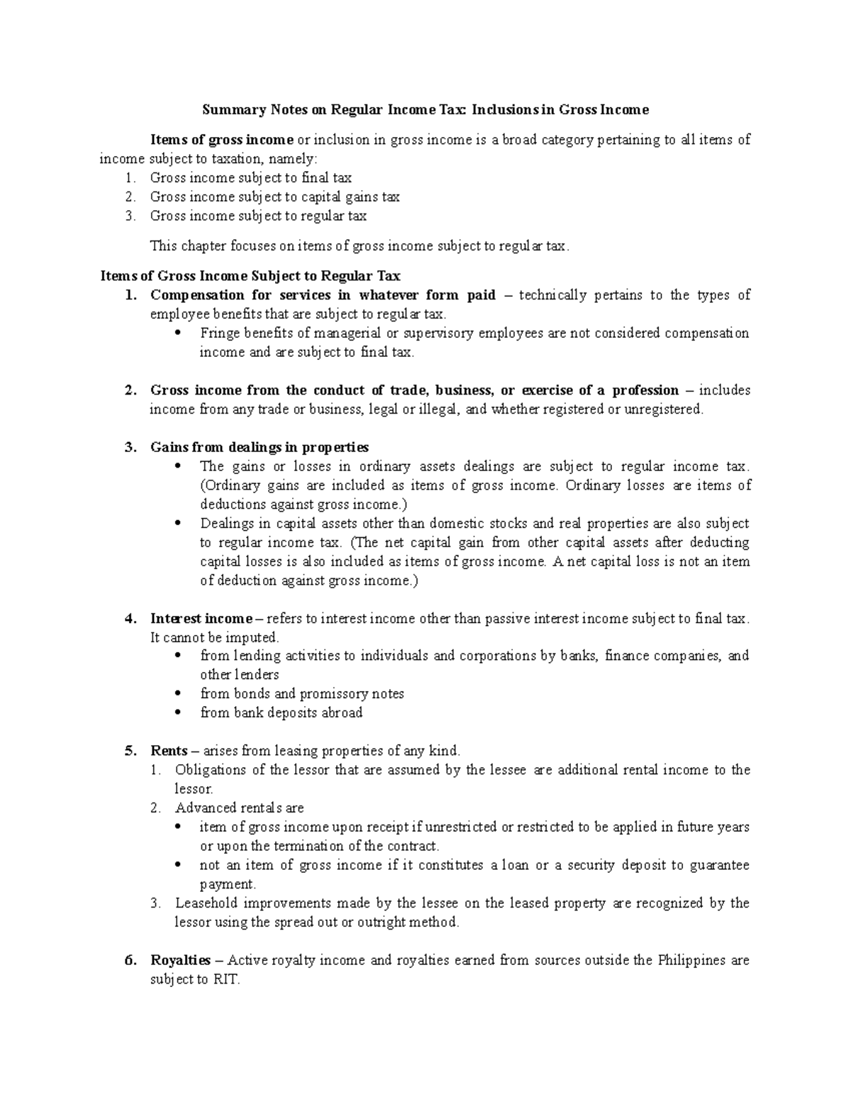 Summary Notes on Regular Income Tax - Inclusions in Gross Income ...