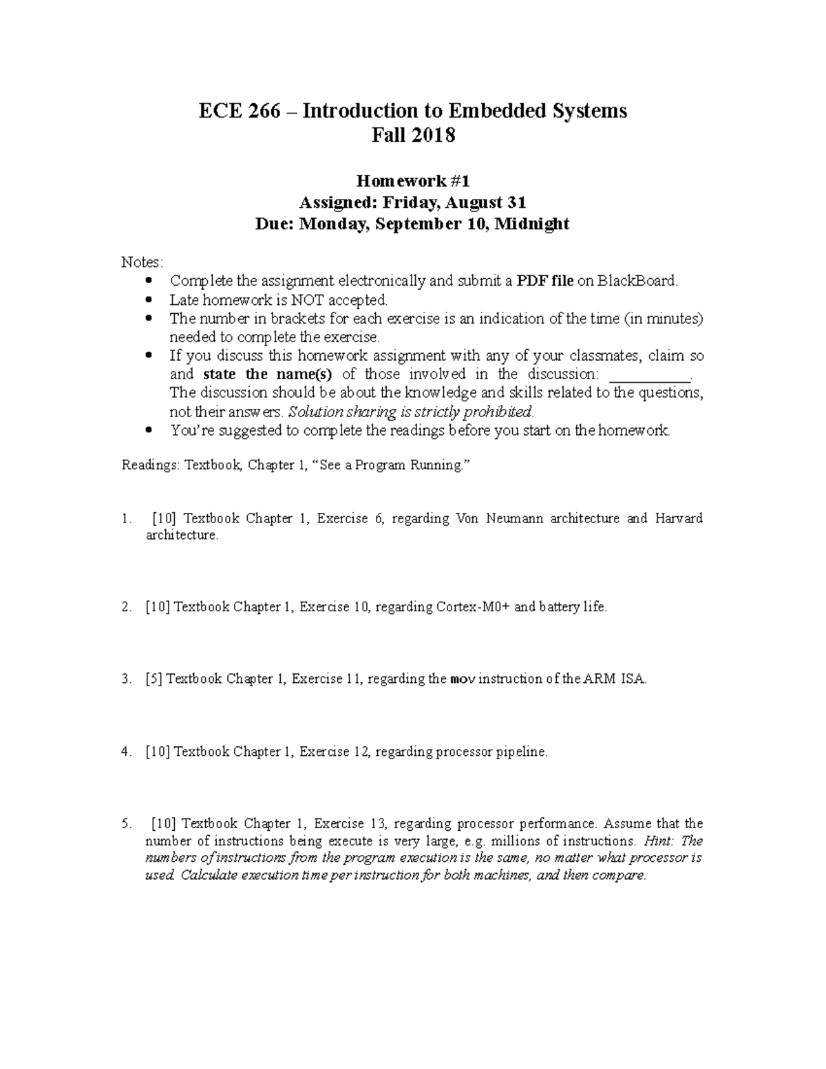 Homework 1 - ECE 266 – Introduction to Embedded Systems Fall 2018 Homework #1 Assigned: Friday ...