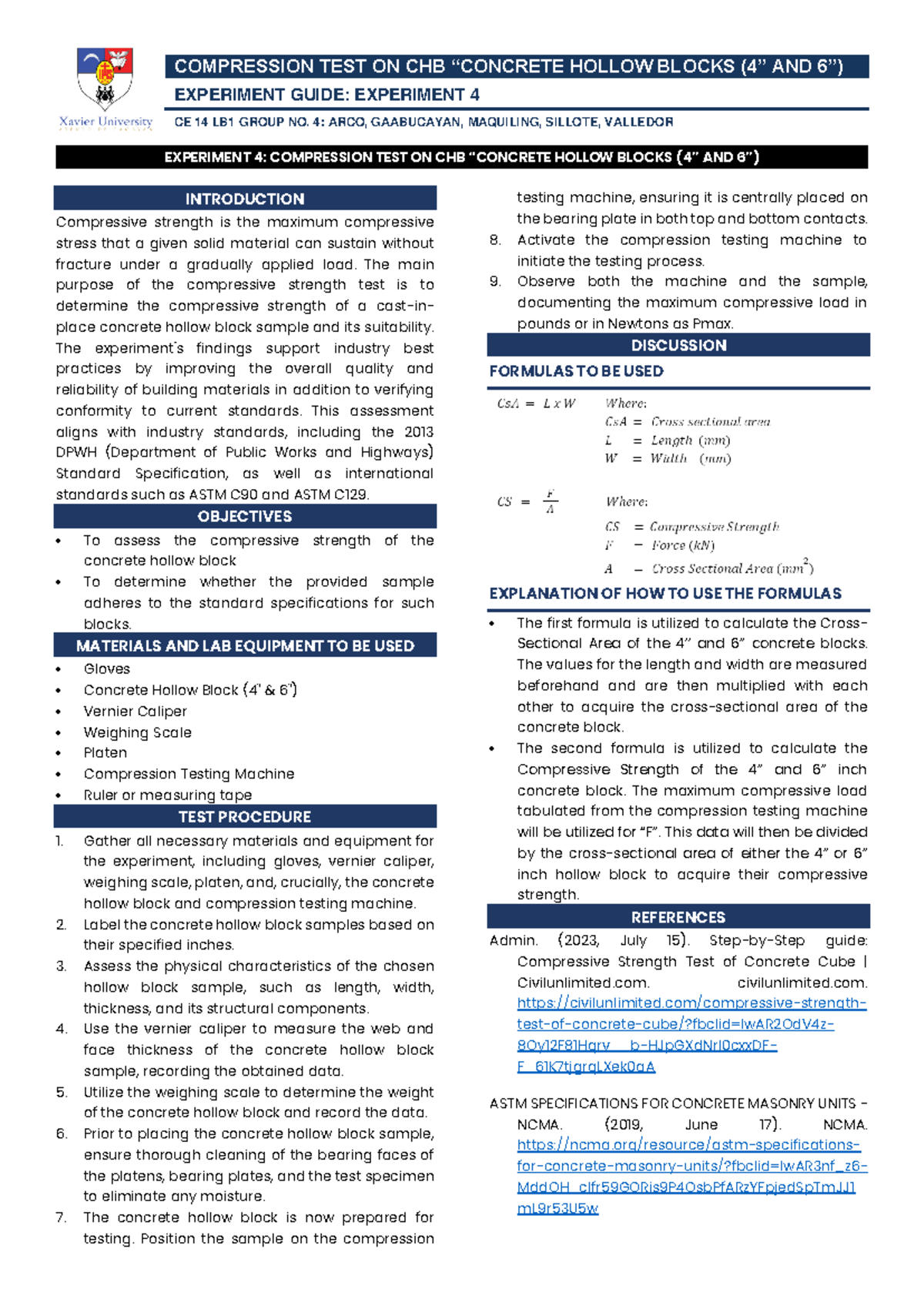 CE 14 LAB GUIDEE - COMPRESSION TEST ON CHB “CONCRETE HOLLOW BLOCKS (4 ...