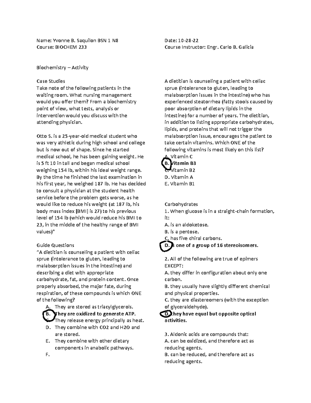 Biochem Activity Saquilon - Name: Yvonne B. Saquilon BSN 1 N Course ...