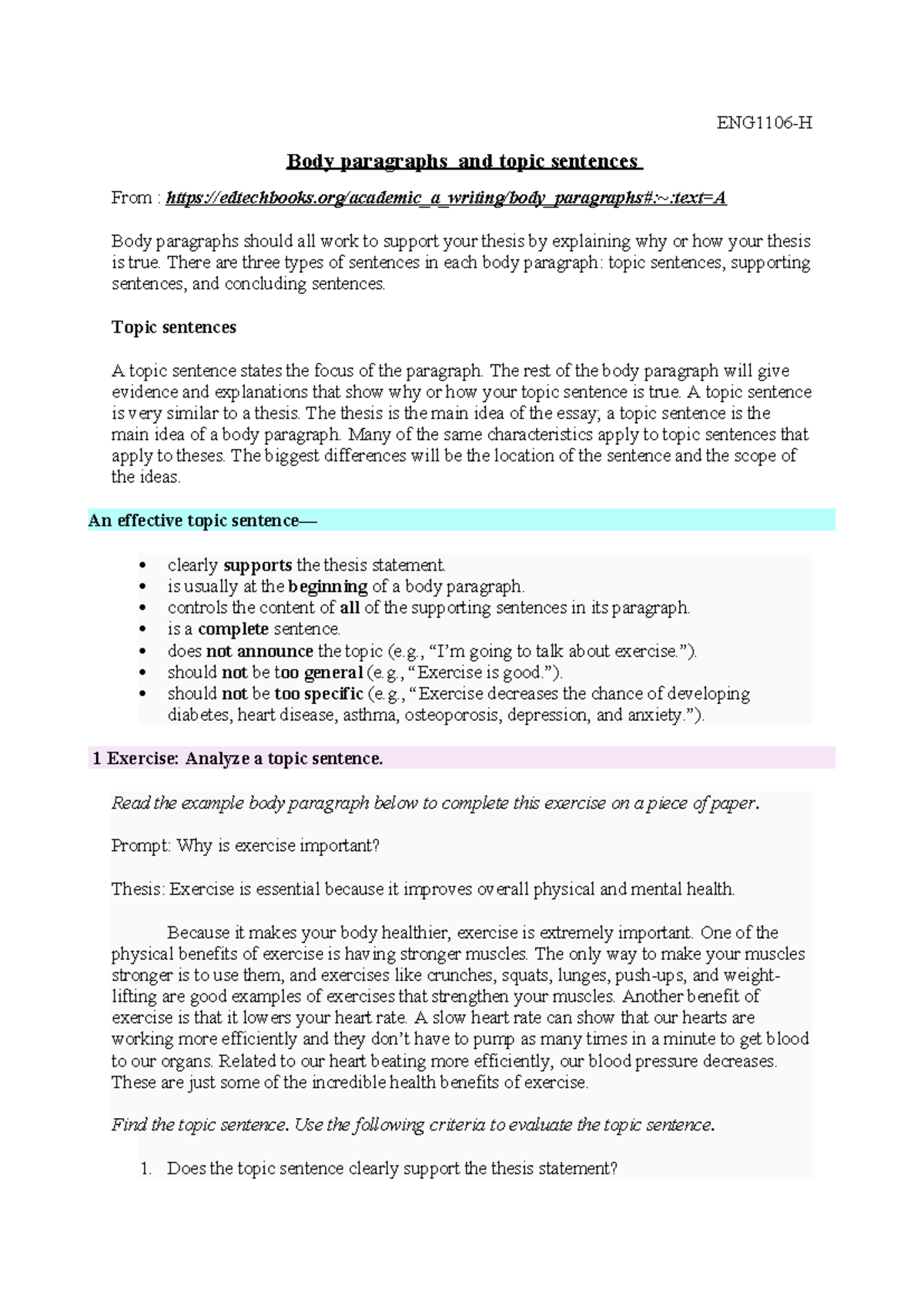 Body paragraphs - ESSAY WRITING - ENG1106-H Body paragraphs and topic ...