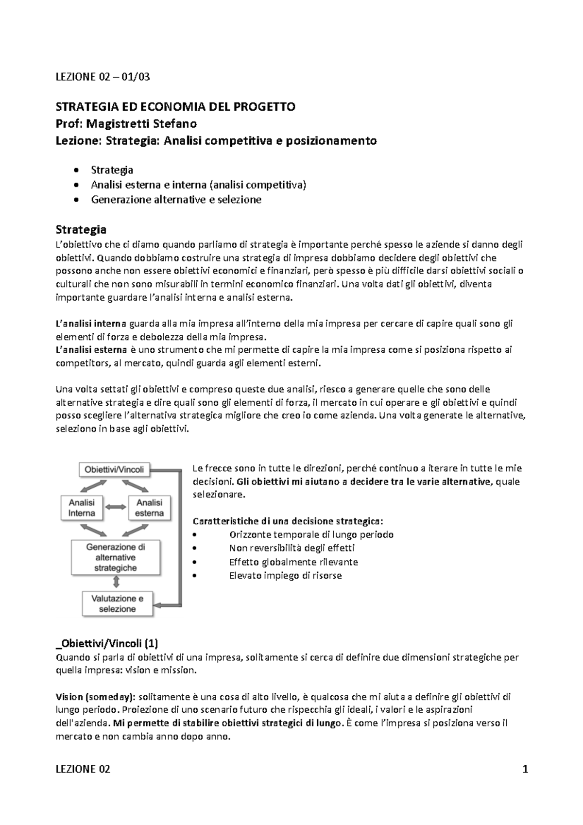 Lezione 02 - Appunti di Strategia ed Economia del Progetto. Prof ...