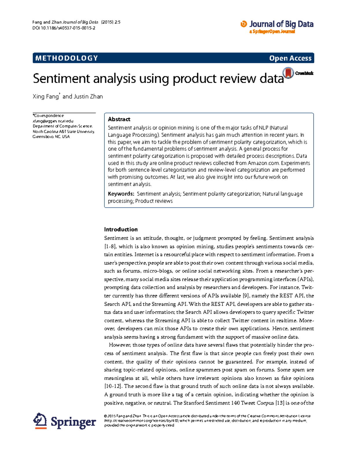 Sentiment analysis paper - Fang and Zhan Journal of Big Data (2015) 2 ...