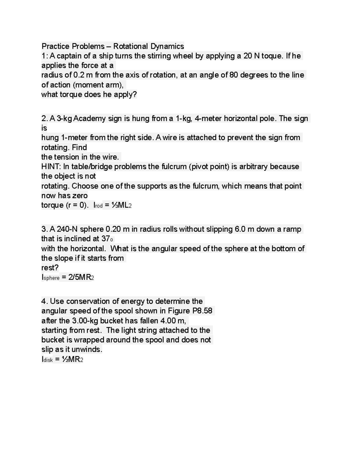 Physics 32 - practice materials - Practice Problems – Rotational ...