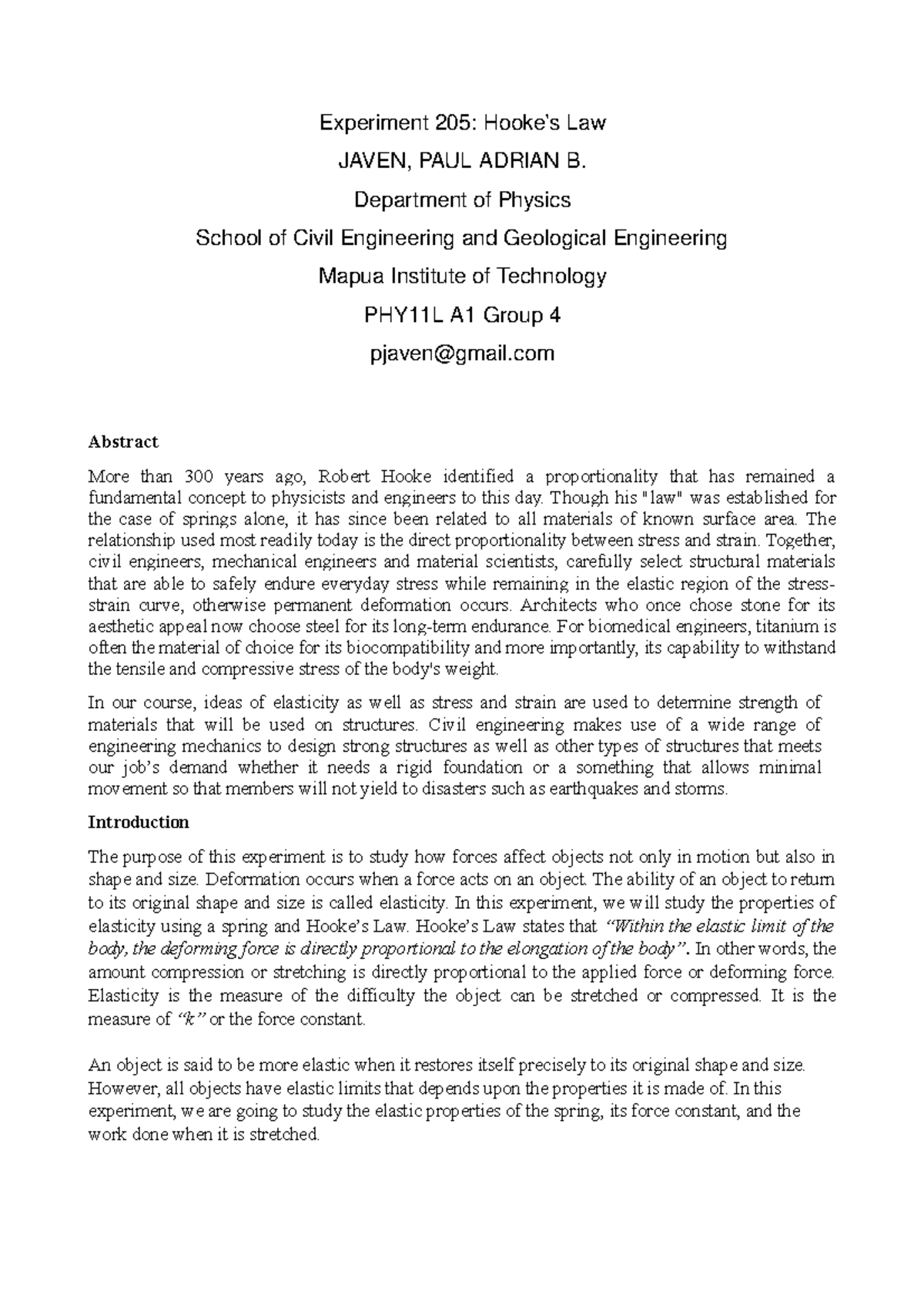 PHY11L Experiment 5 (E205) - Experiment 205: Law JAVEN, PAUL ADRIAN B ...