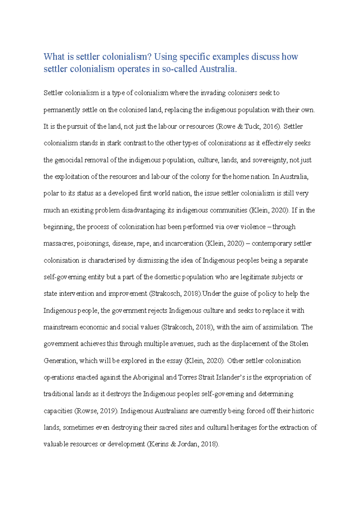 ABST100 Introduction - What is settler colonialism? Using specific ...