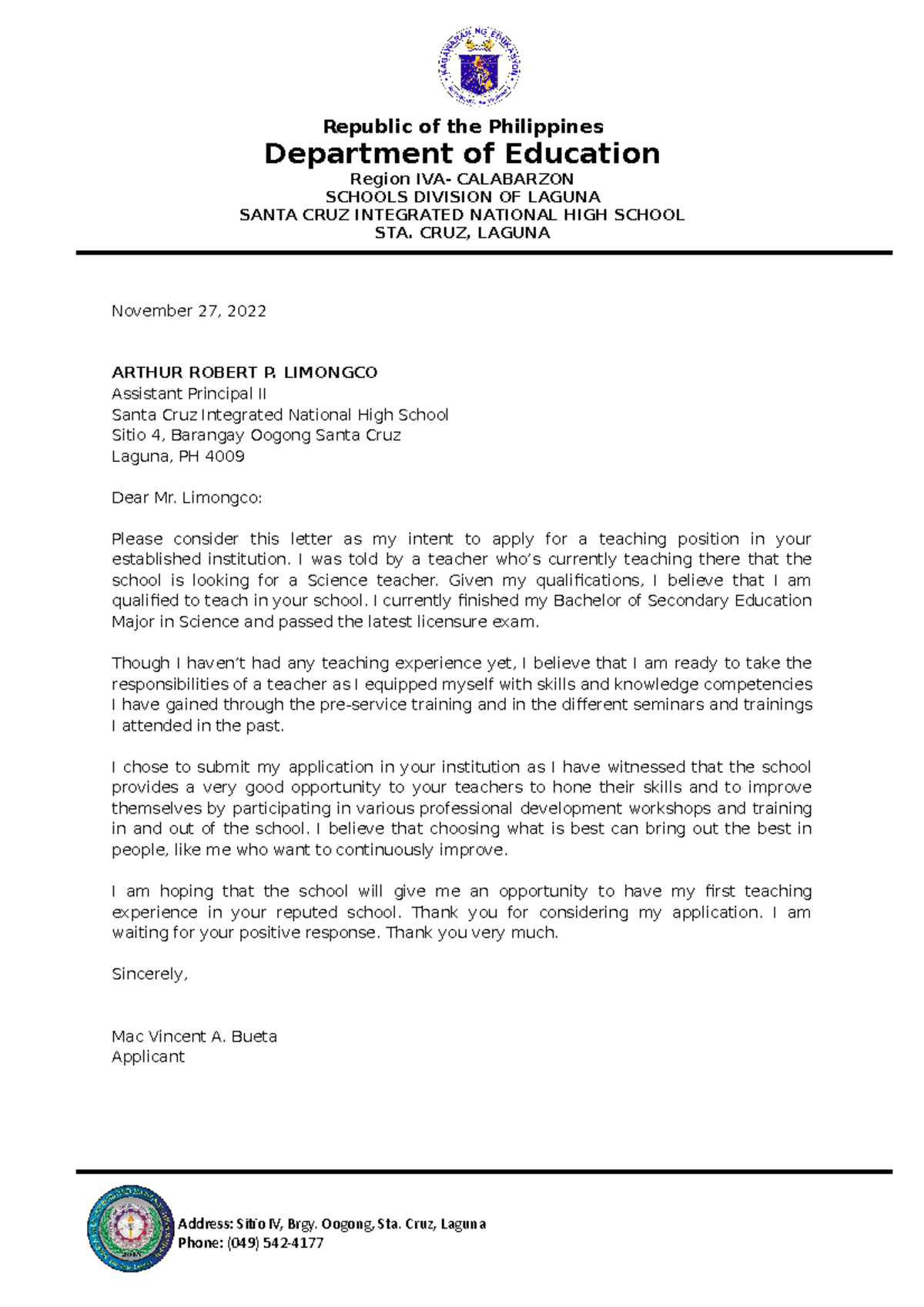 Application letter-Bueta - Republic of the Philippines Department of ...