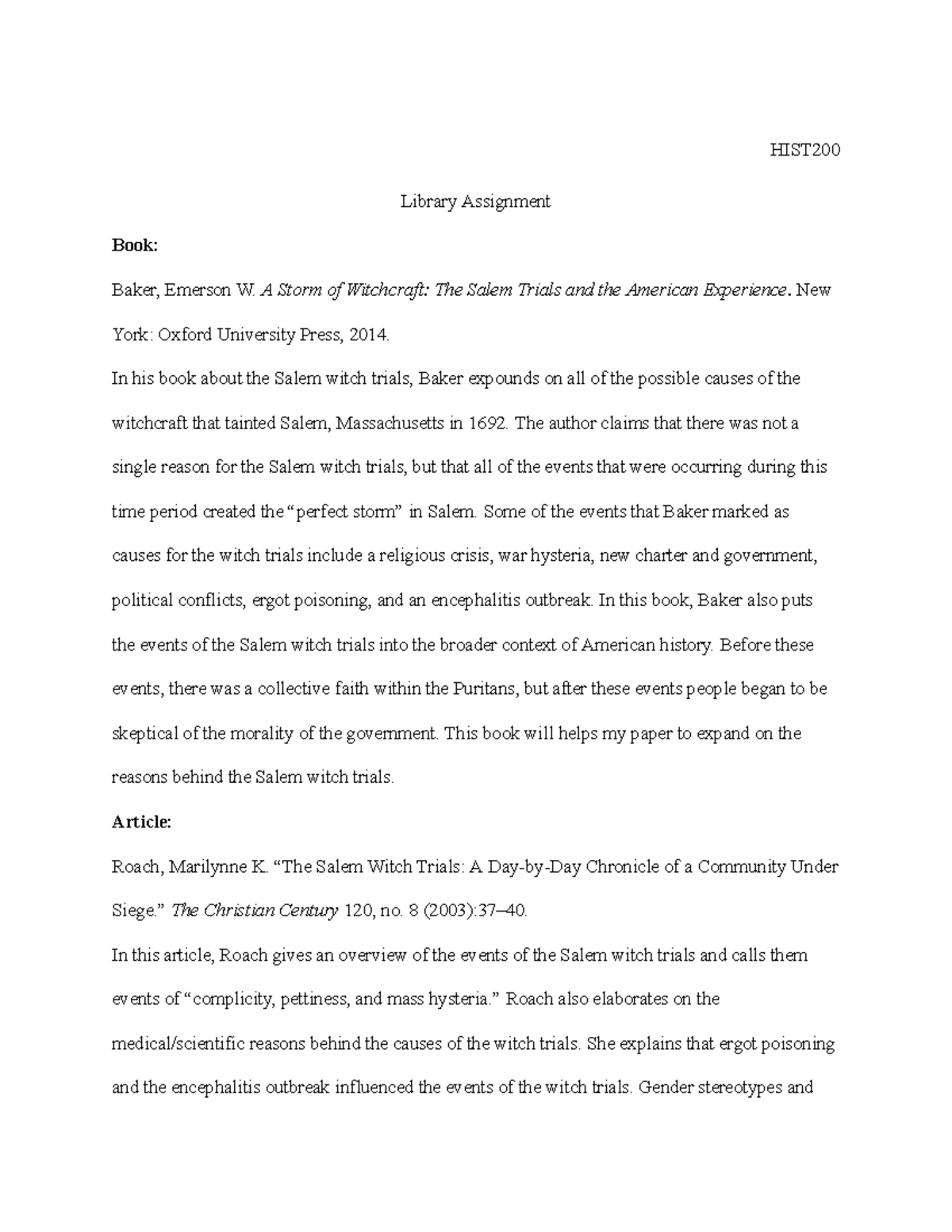 Library Assignment The Salem Trials - HIST Library Assignment Book ...