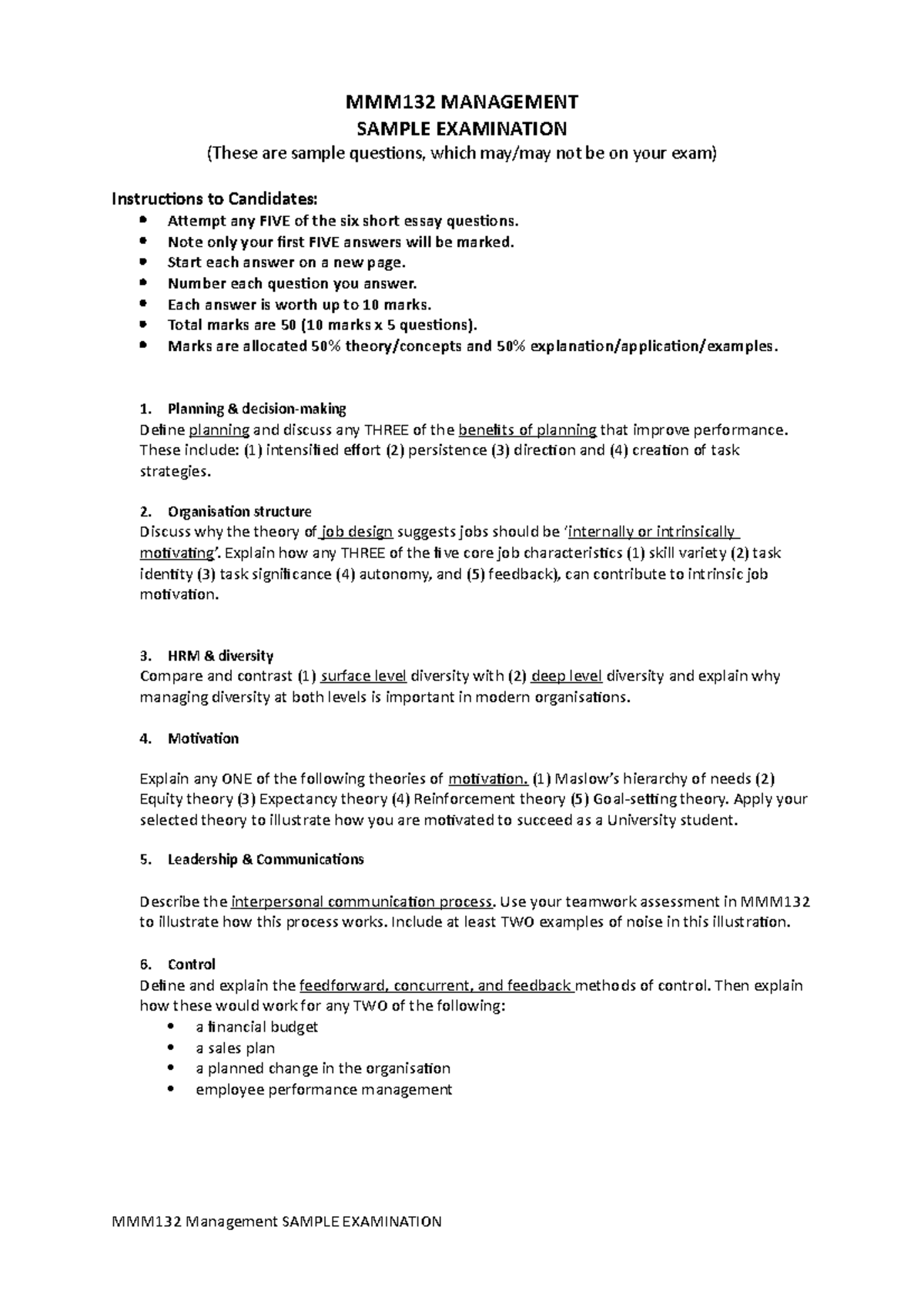 MMM132 Management - Sample EXAM - MMM132 MANAGEMENT SAMPLE EXAMINATION ...
