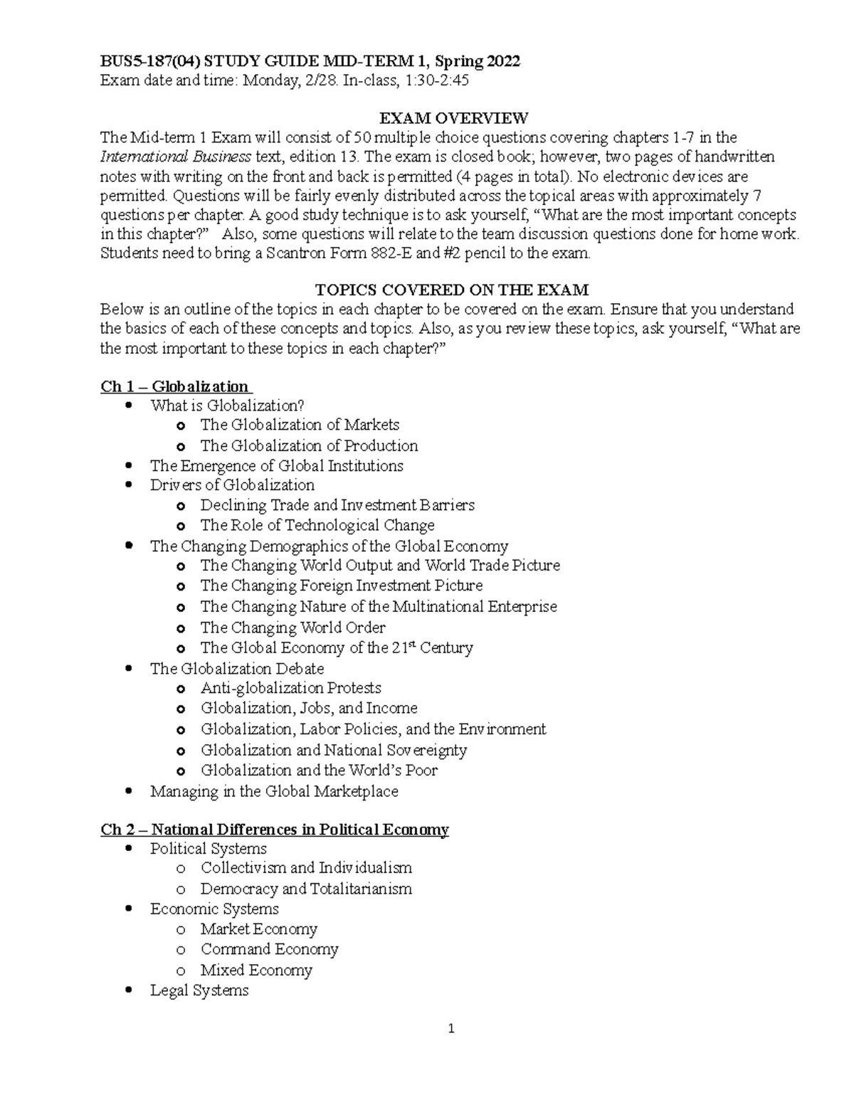 Study Guide, Mid-term 1, BUS5-187(03) - BUS5-187(04) STUDY GUIDE MID-TERM 1, Spring 2022 Exam ...