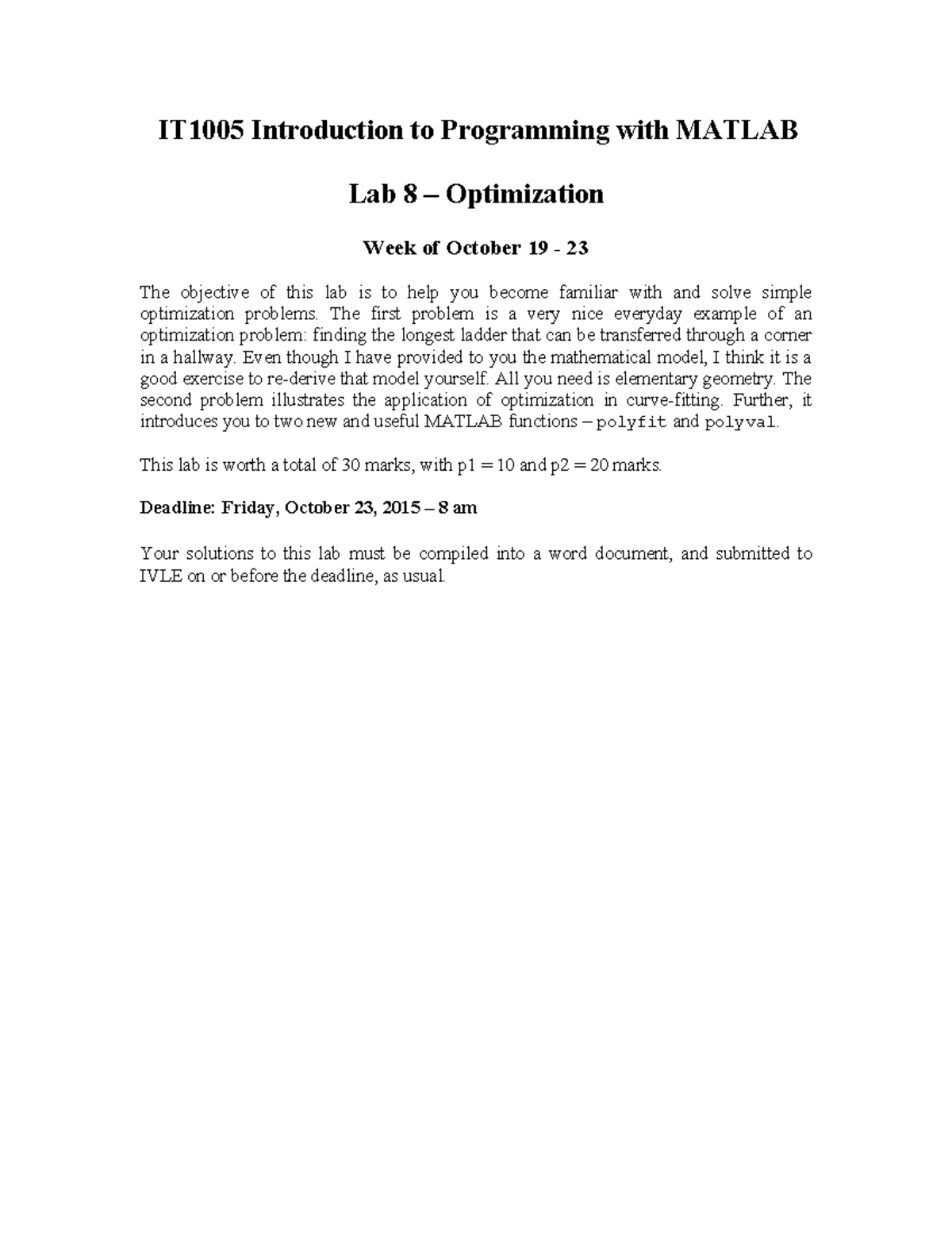 IT1005 LAB 08 Optimization - IT1005 Introduction to Programming with MATLAB Lab 8 – Optimization ...
