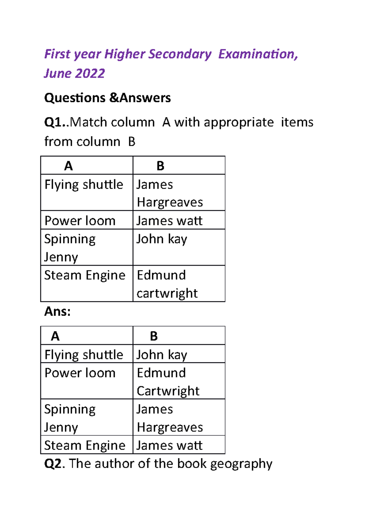 History class 11 exam questions and answers - First year Higher ...