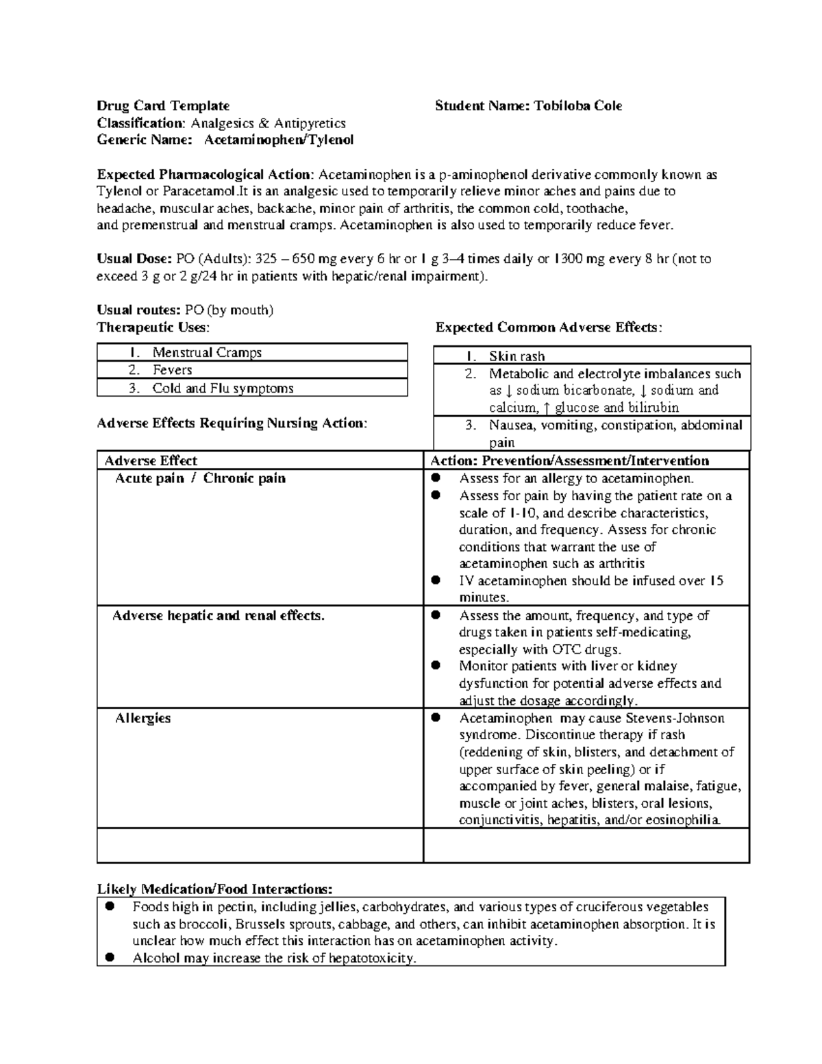 Acetaminophen - Medication Template - Drug Card Template Student Name ...