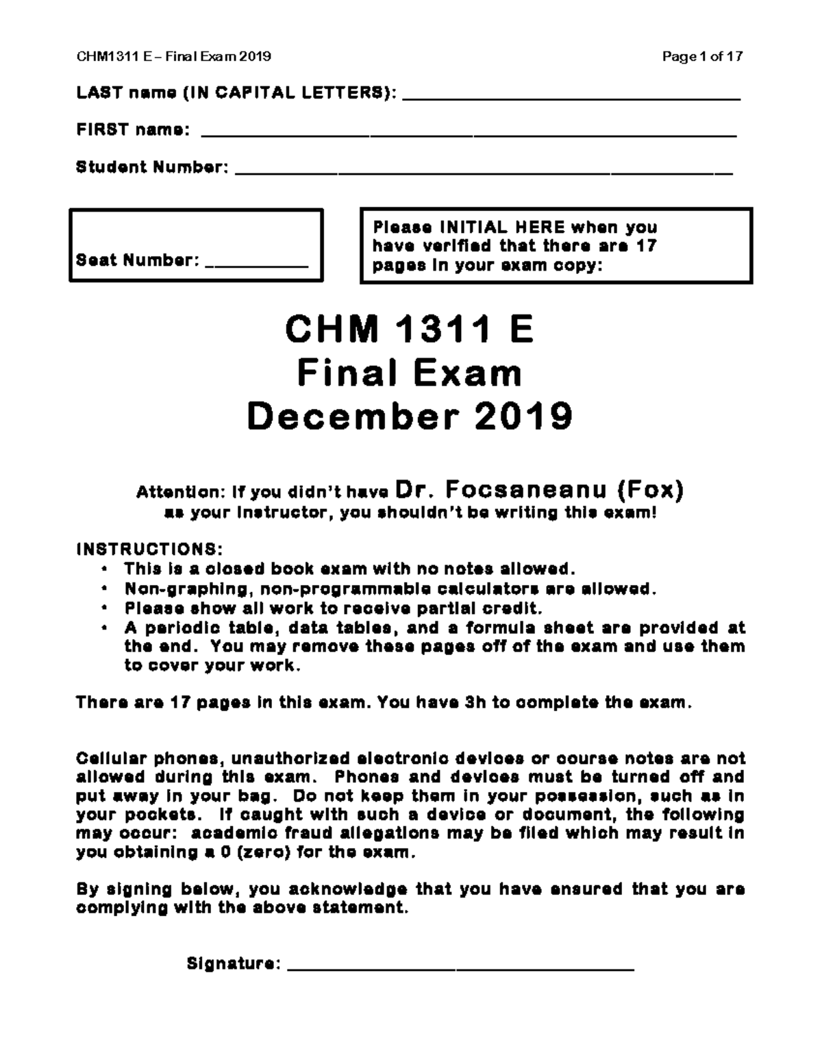 Final exam practice - CHM1311 E – Final Exam 2019 Page 1 of 17 LAST ...