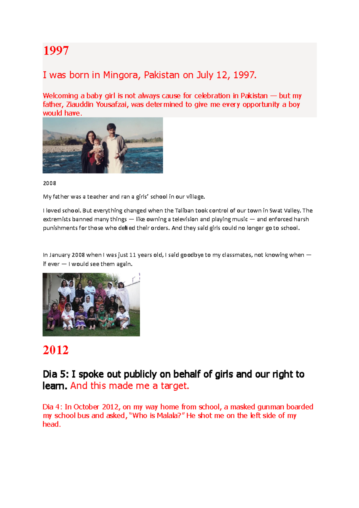 Malala Yousafzai haar levensverhaal - 1997 I was born in Mingora ...