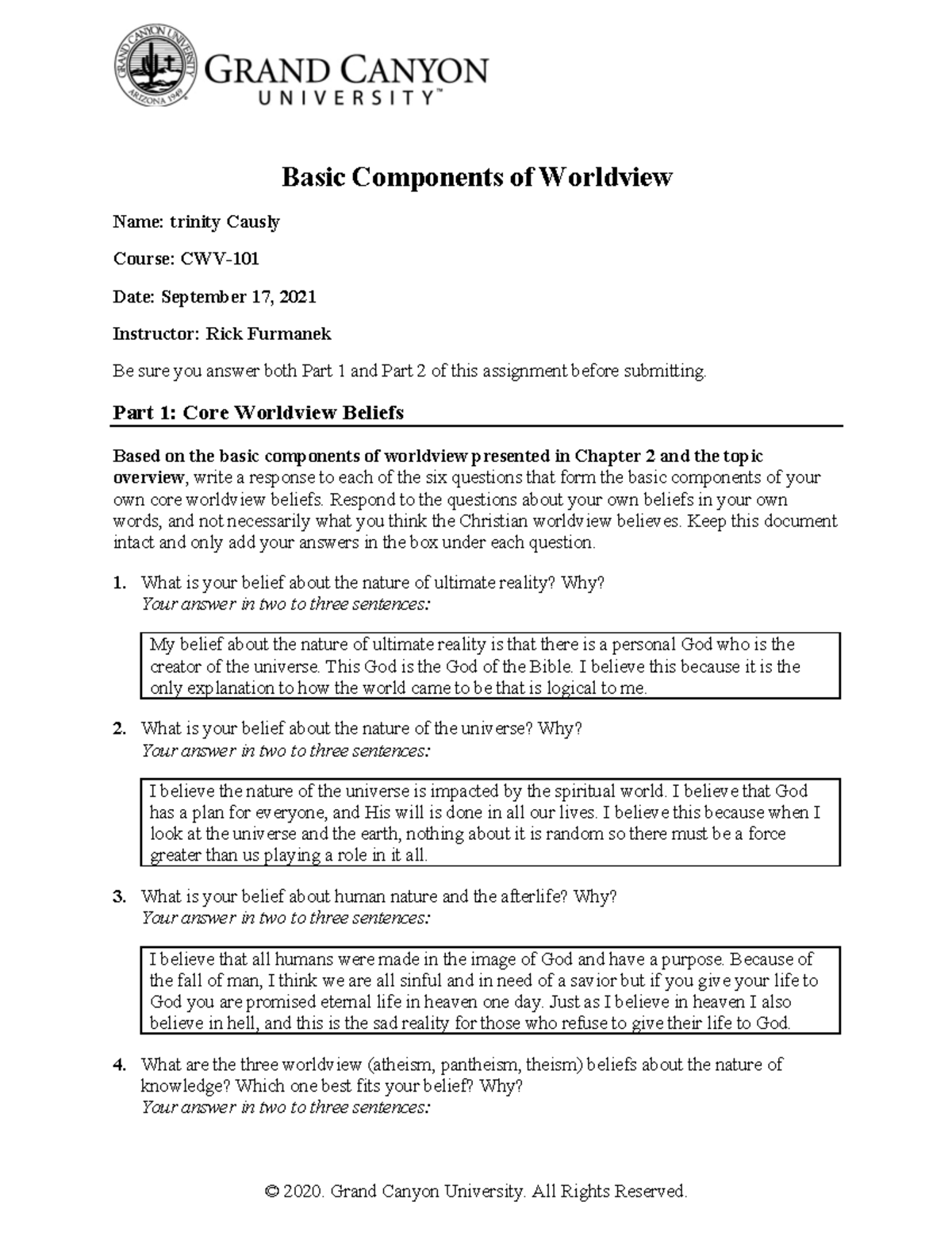 Basic components of worldview - © 2020. Grand Canyon University. All ...