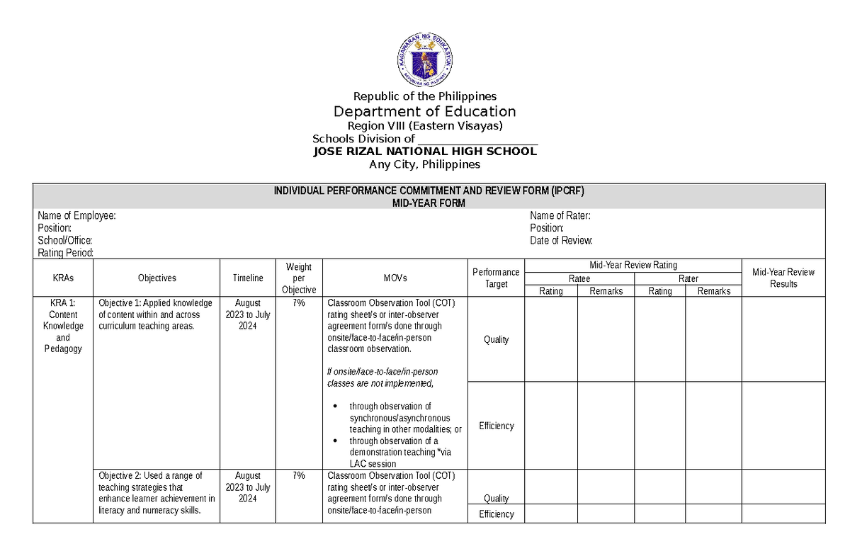 IPCR Mid Year Review Form for Proficient Teacher - Republic of the ...