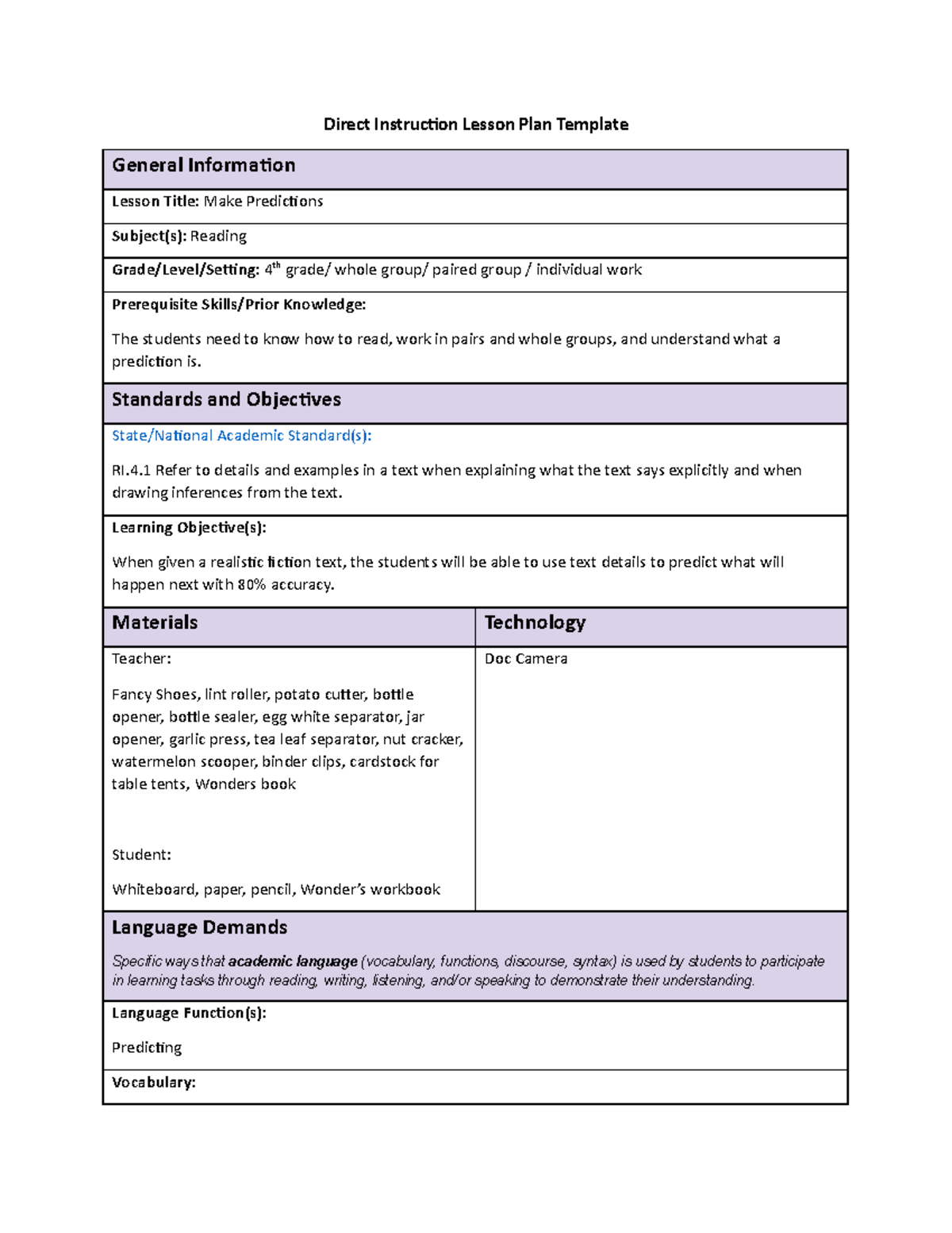 Observation #1 Lesson Plan - Direct Instruction Lesson Plan Template ...