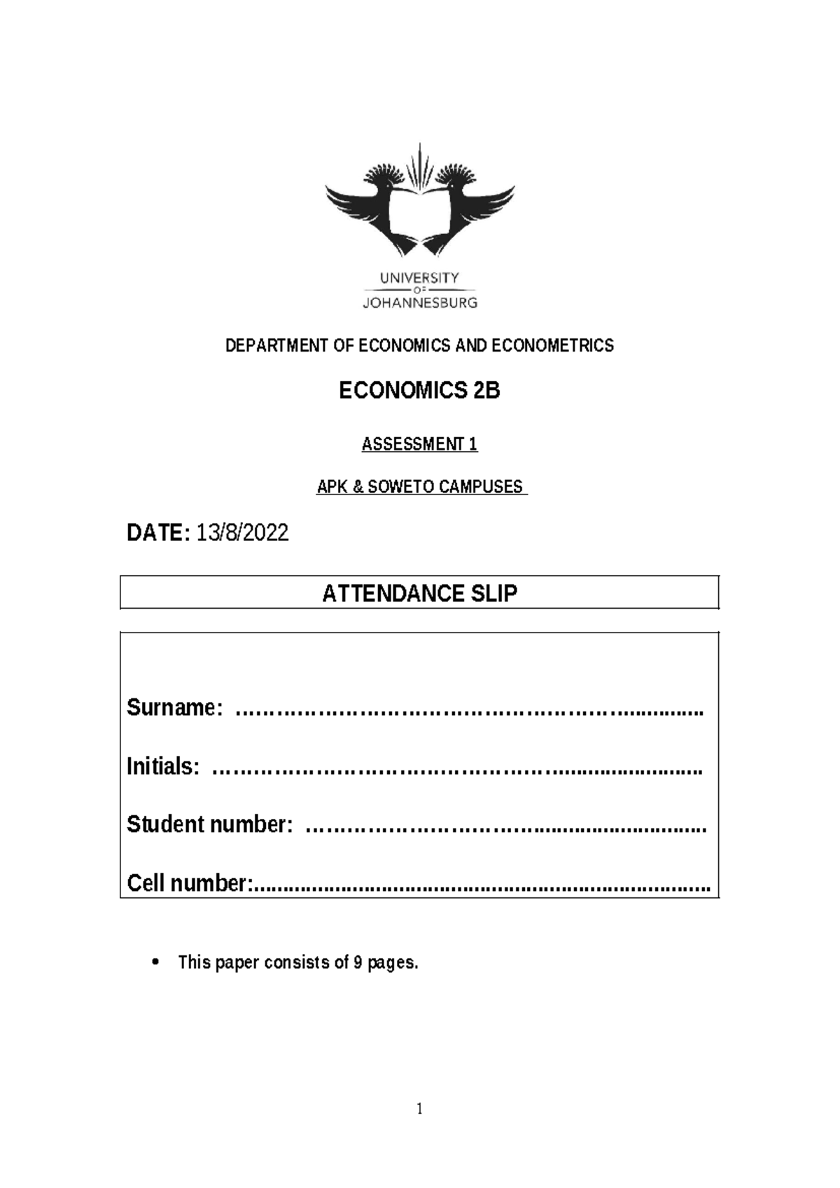 Economics 2B -Test 1 Memo 2022 - DEPARTMENT OF ECONOMICS AND ...