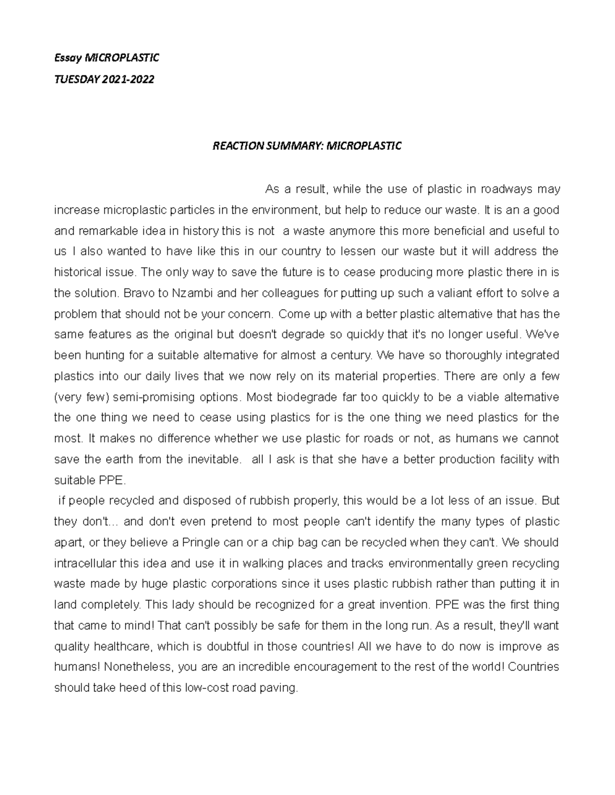 Essay Microplastic - Essay MICROPLASTIC TUESDAY 2021- REACTION SUMMARY ...